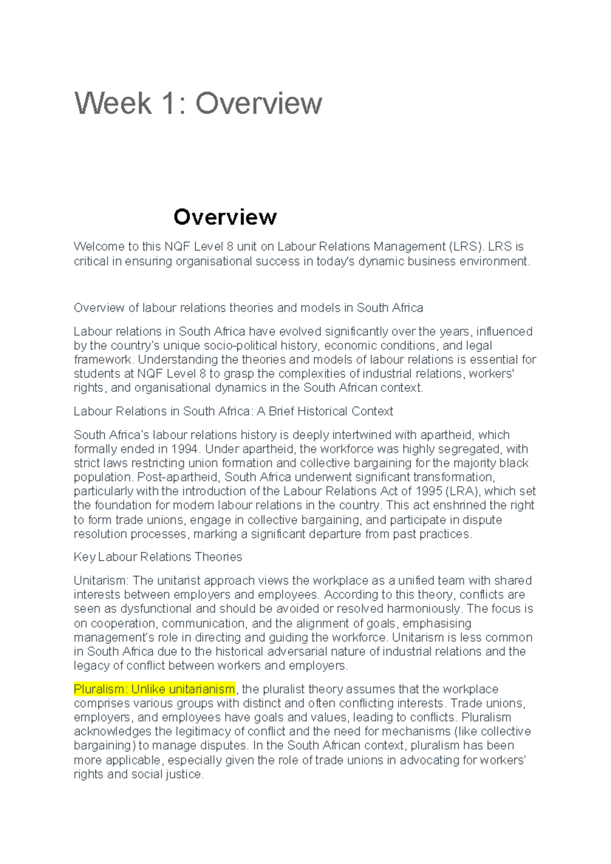 LRS 101: Overview of Labour Relations Theories & Models in SA - Studocu
