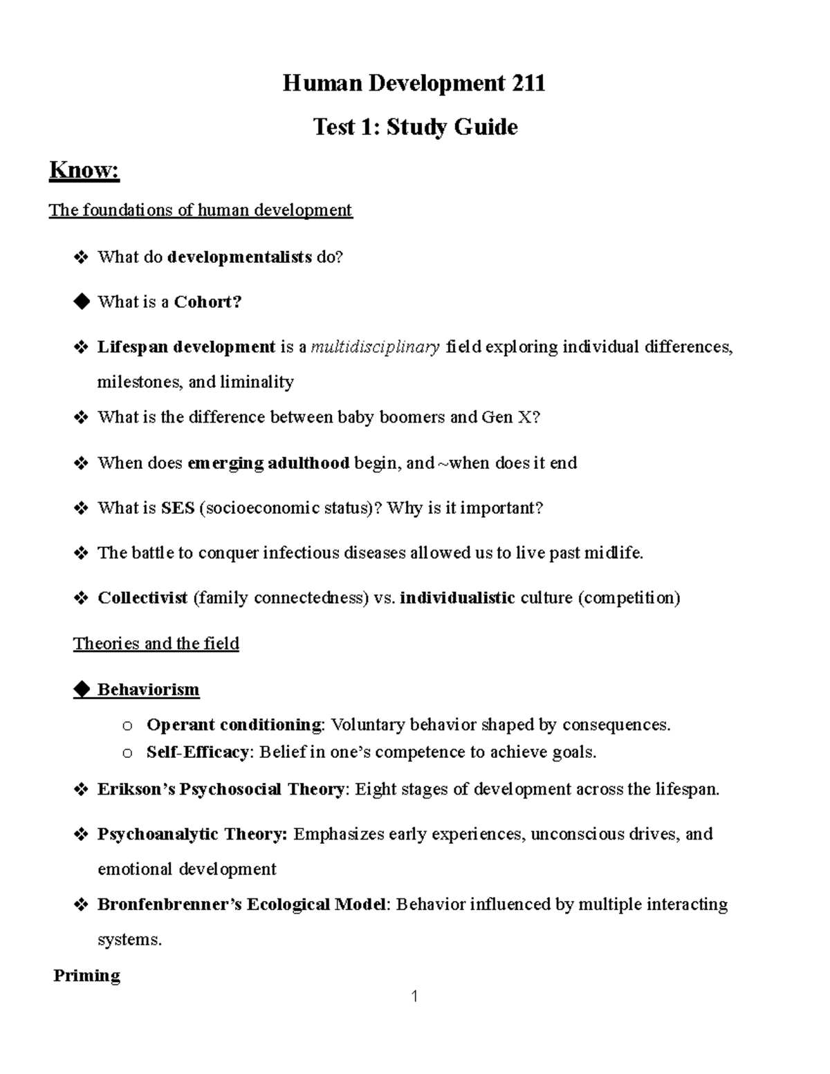 Human Development 211: Test 1 Study Guide - Key Concepts and Theories ...