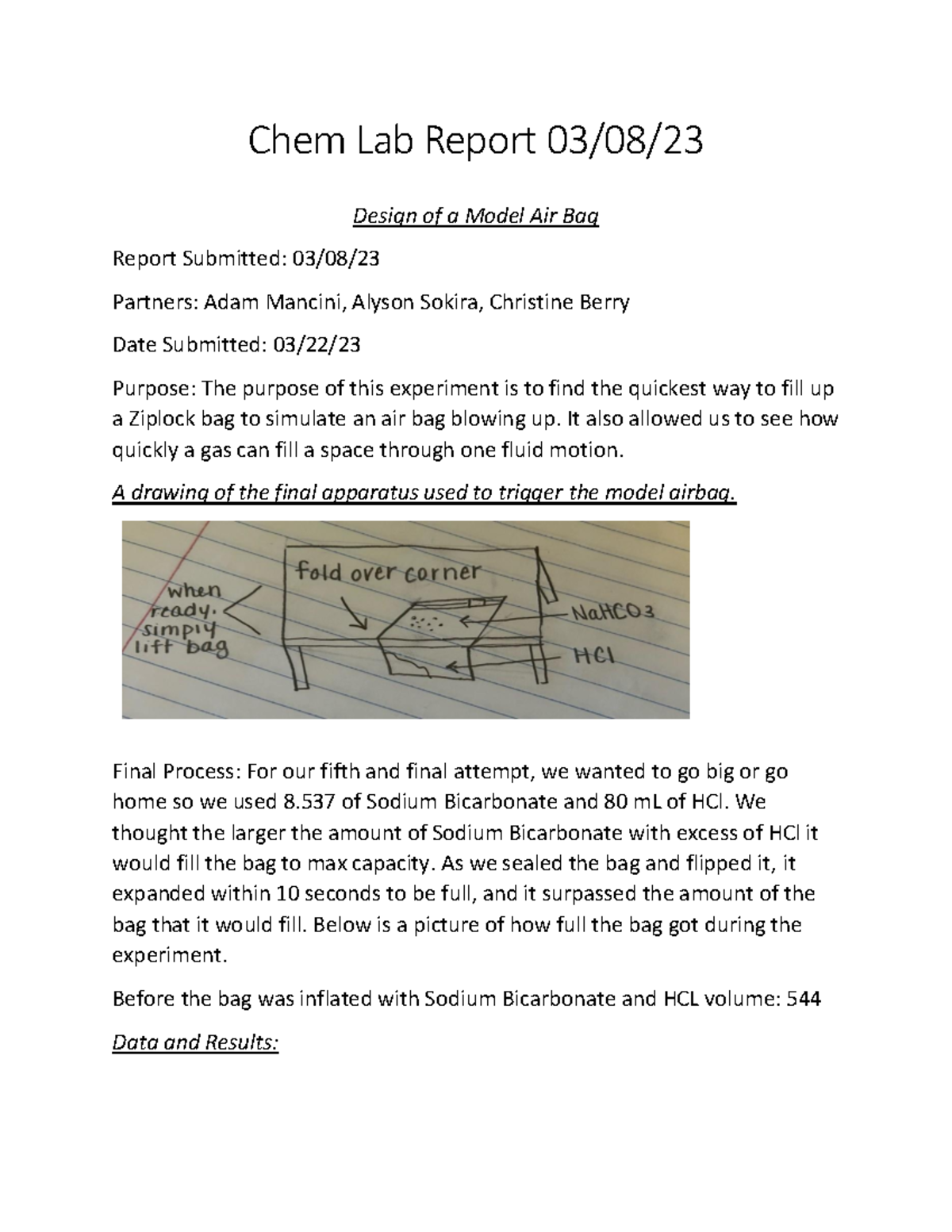 Chem Lab Report: Model Air Bag Creation Using HCl & NaHCO3 - Studocu
