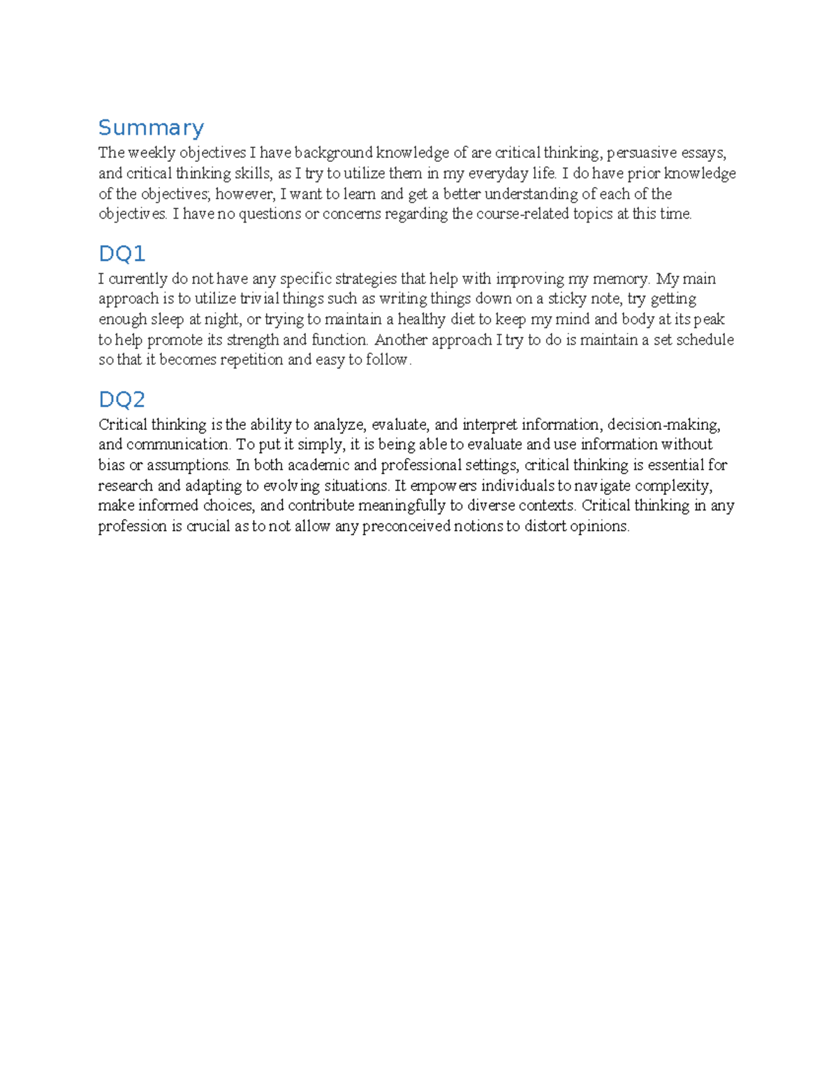 Week 1 Objectives & Critical Thinking Overview - PHI-105 - Studocu
