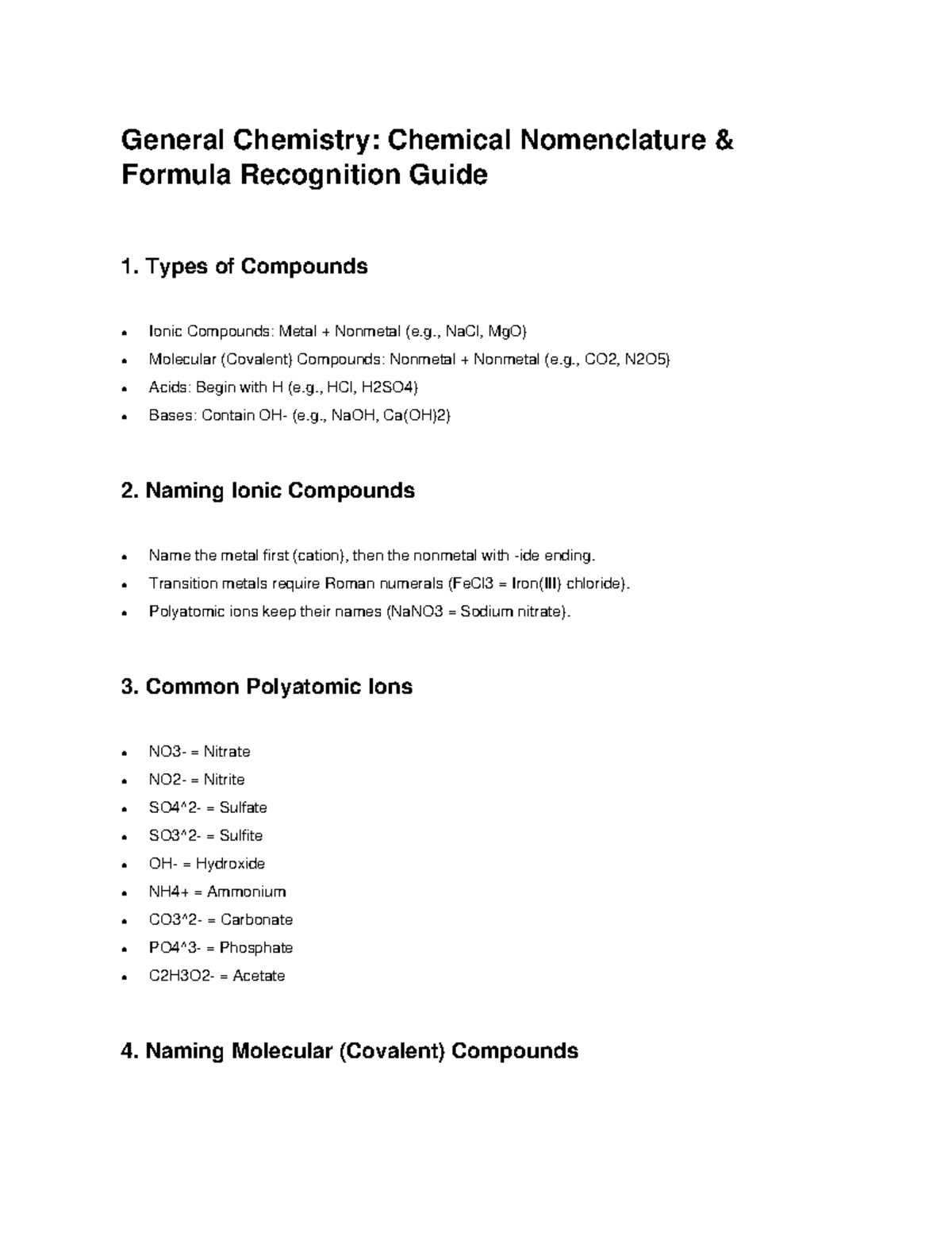 General Chemistry: Nomenclature & Formula Recognition Guide - Studocu