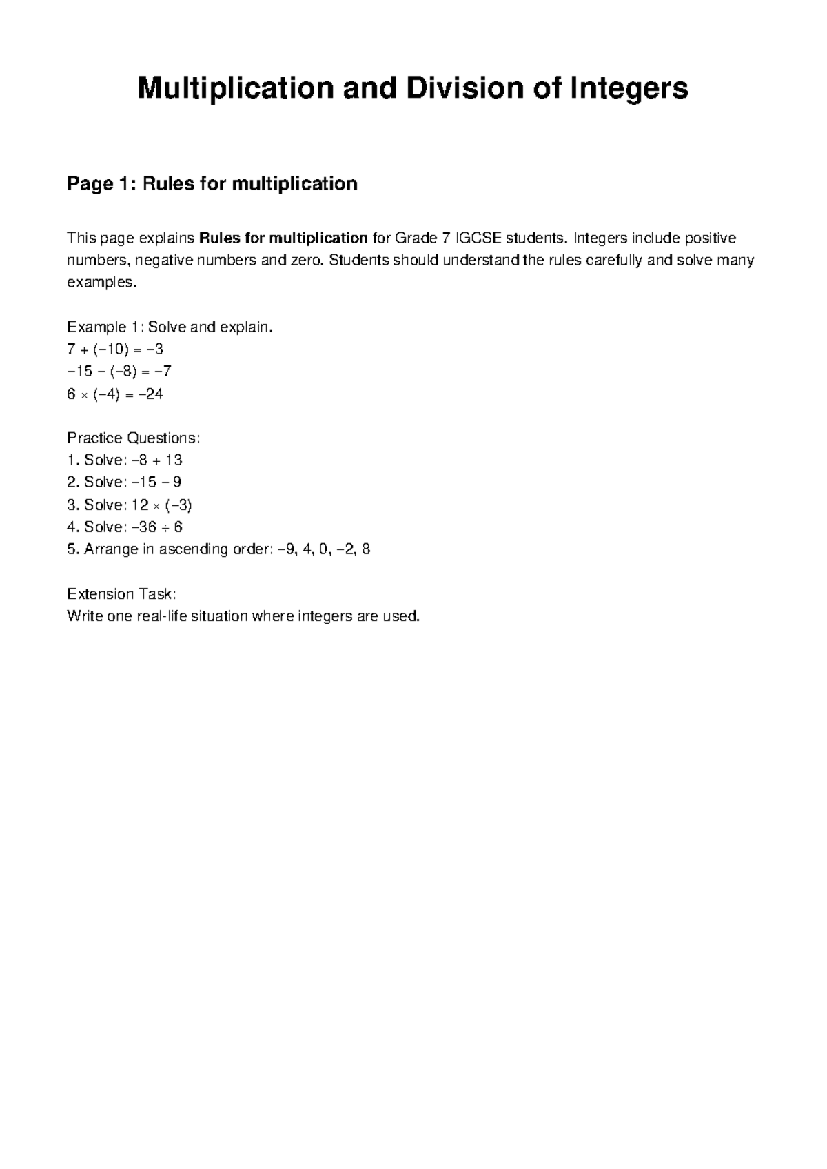 Grade 7 IGCSE: Multiplication & Division of Integers Guide - Studocu