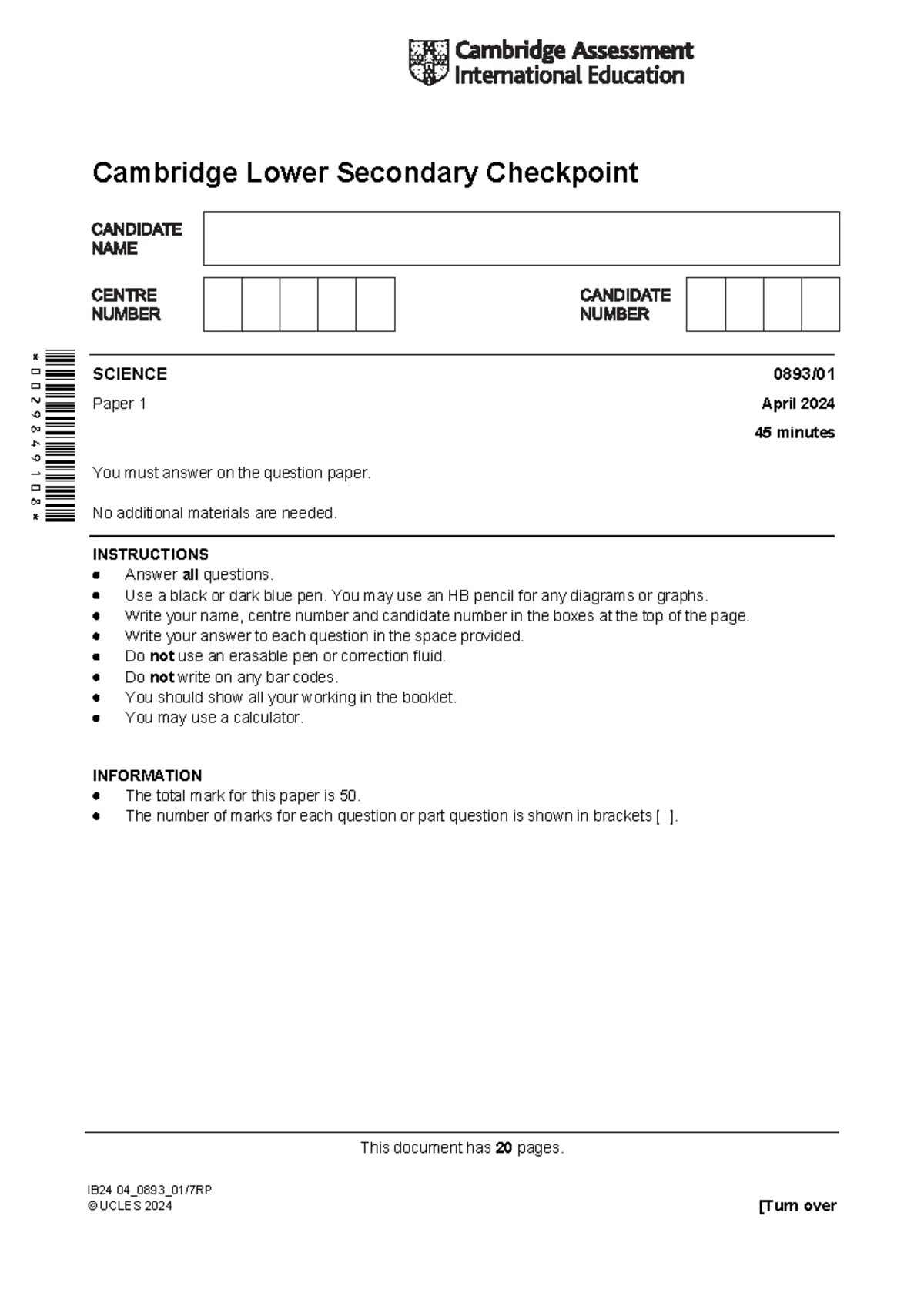 Cambridge Lower Secondary Checkpoint Math 0862 Paper 1 April 2024 - Studocu