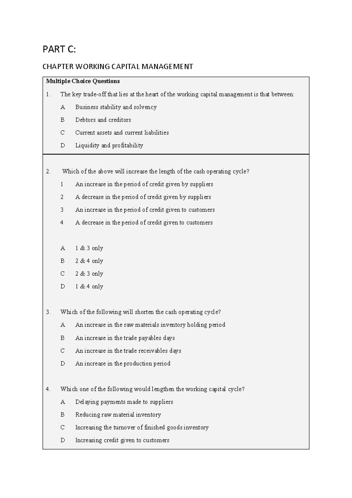 WC question - PART C: CHAPTER WORKING CAPITAL MANAGEMENT Multiple ...