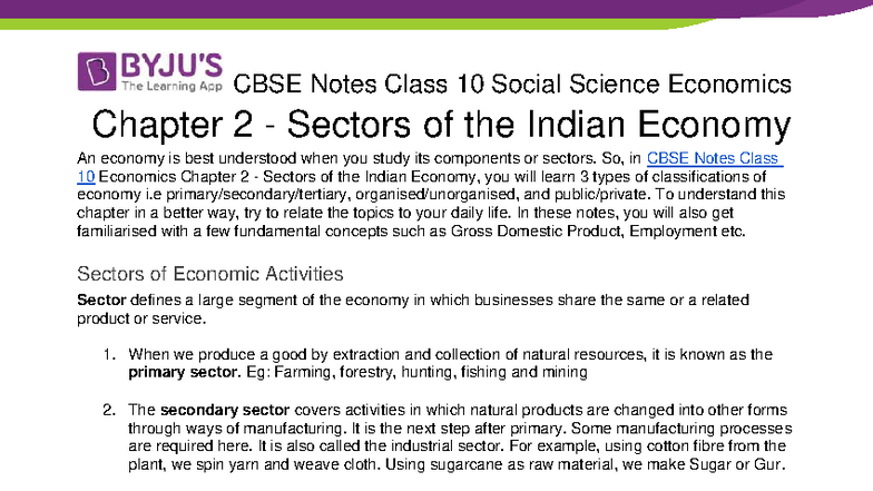 CBSE Class 10 Social Science Economics Notes: Chapter 2 - Sectors of ...