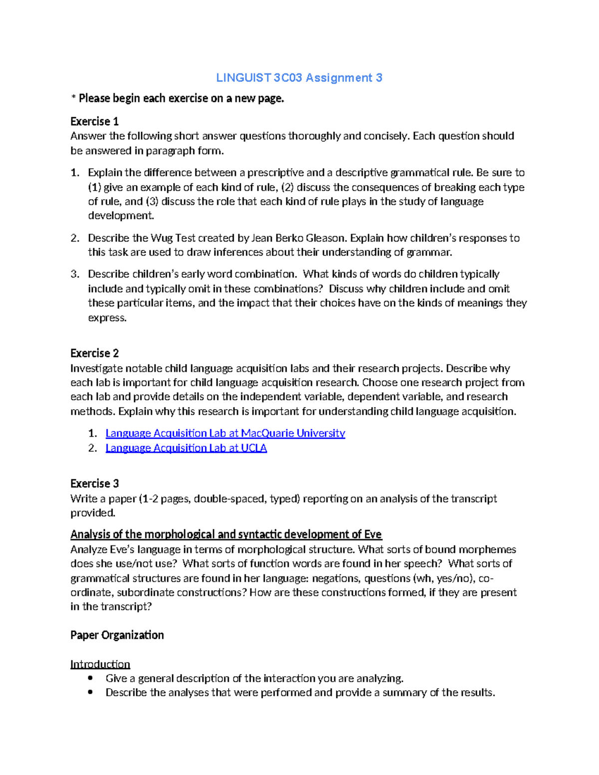Linguist 3C03 Assignment 3: Child Language Acquisition Analysis - Studocu