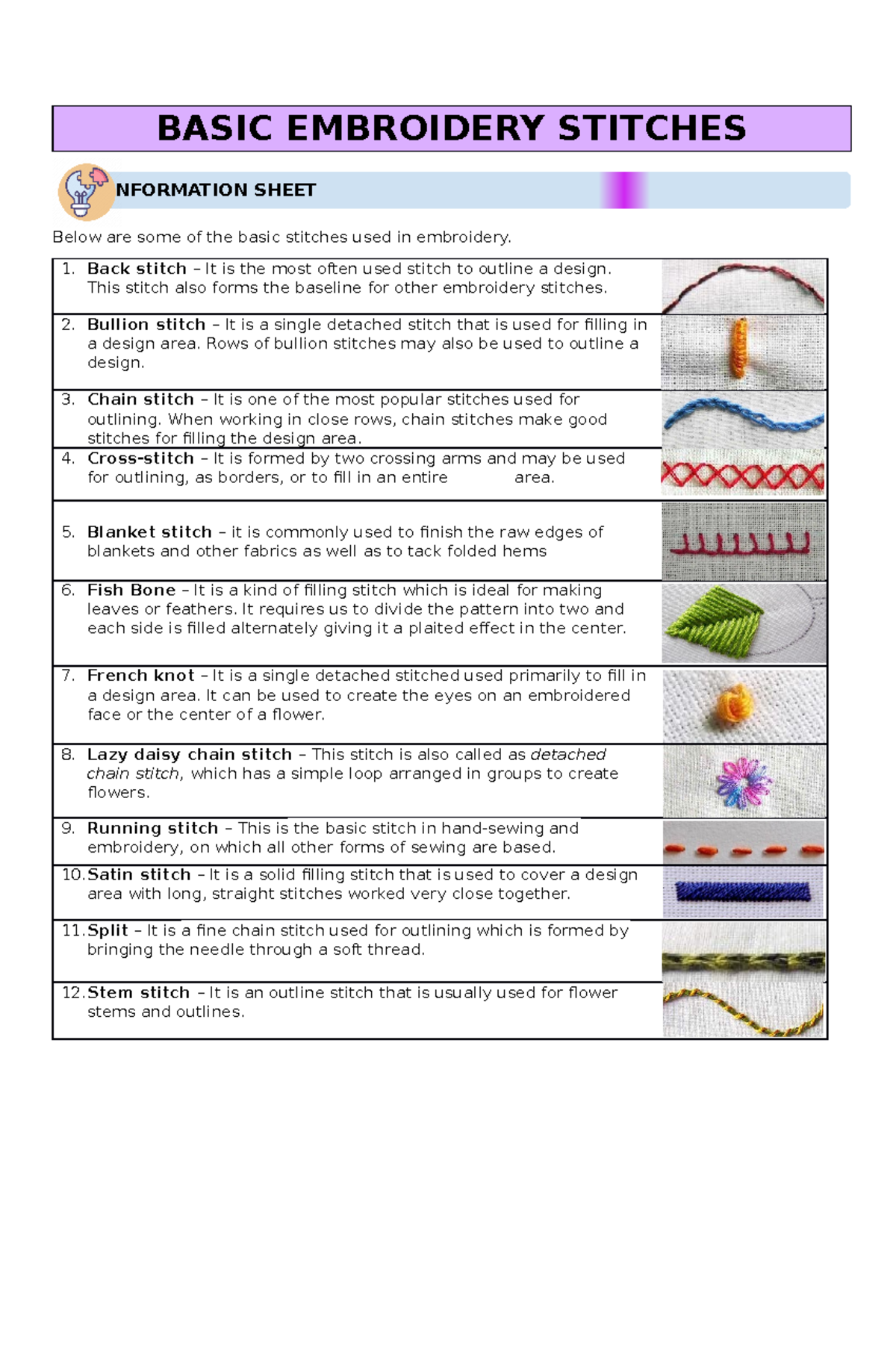 TLE 8 ( Embroidery Stitches) - Copy - BASIC EMBROIDERY STITCHES Below ...