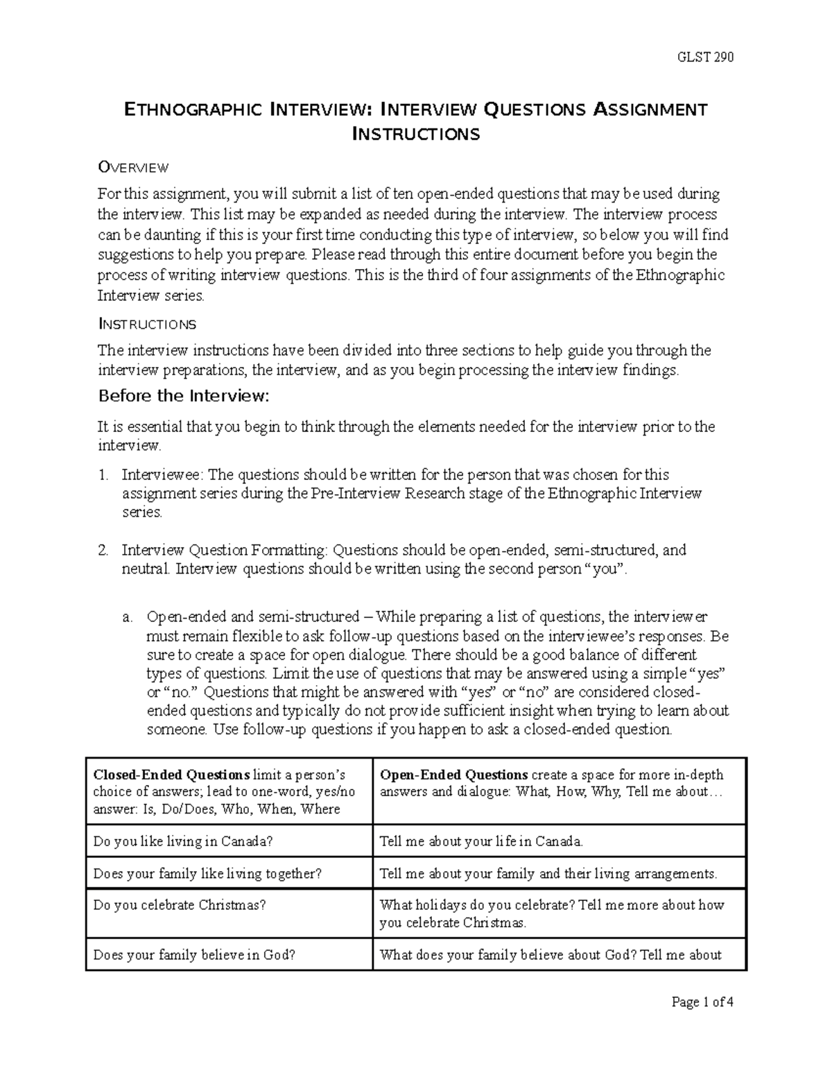 Ethnographic Interview Interview Questions Assignment Instructions ...