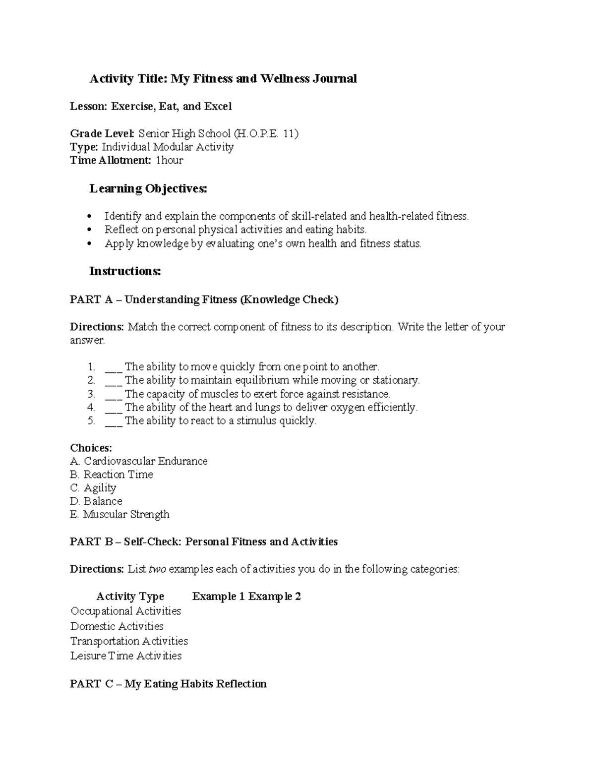 H.O.P.E. 11: My Fitness and Wellness Journal Lesson - Studocu
