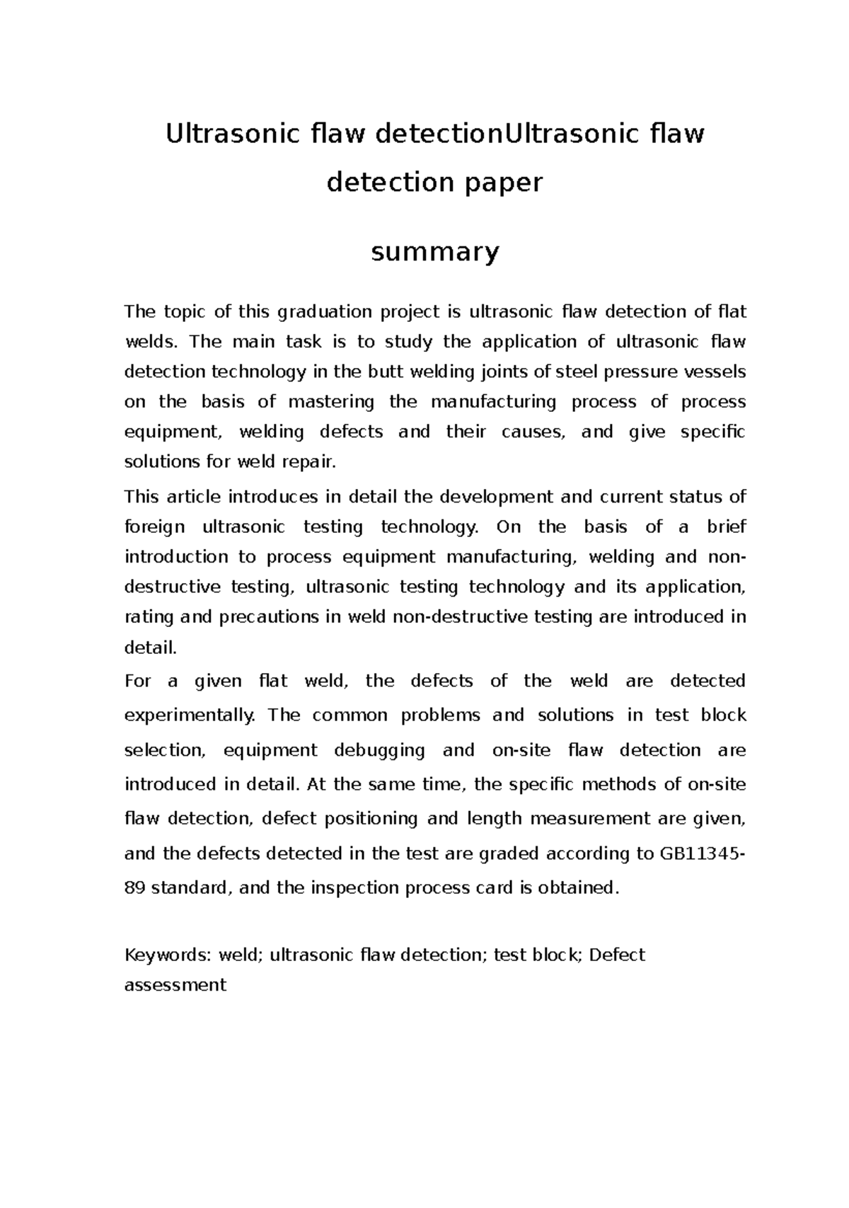 Ultrasonic Flaw Detection in Welds: A Comprehensive Study (ENG 401 ...