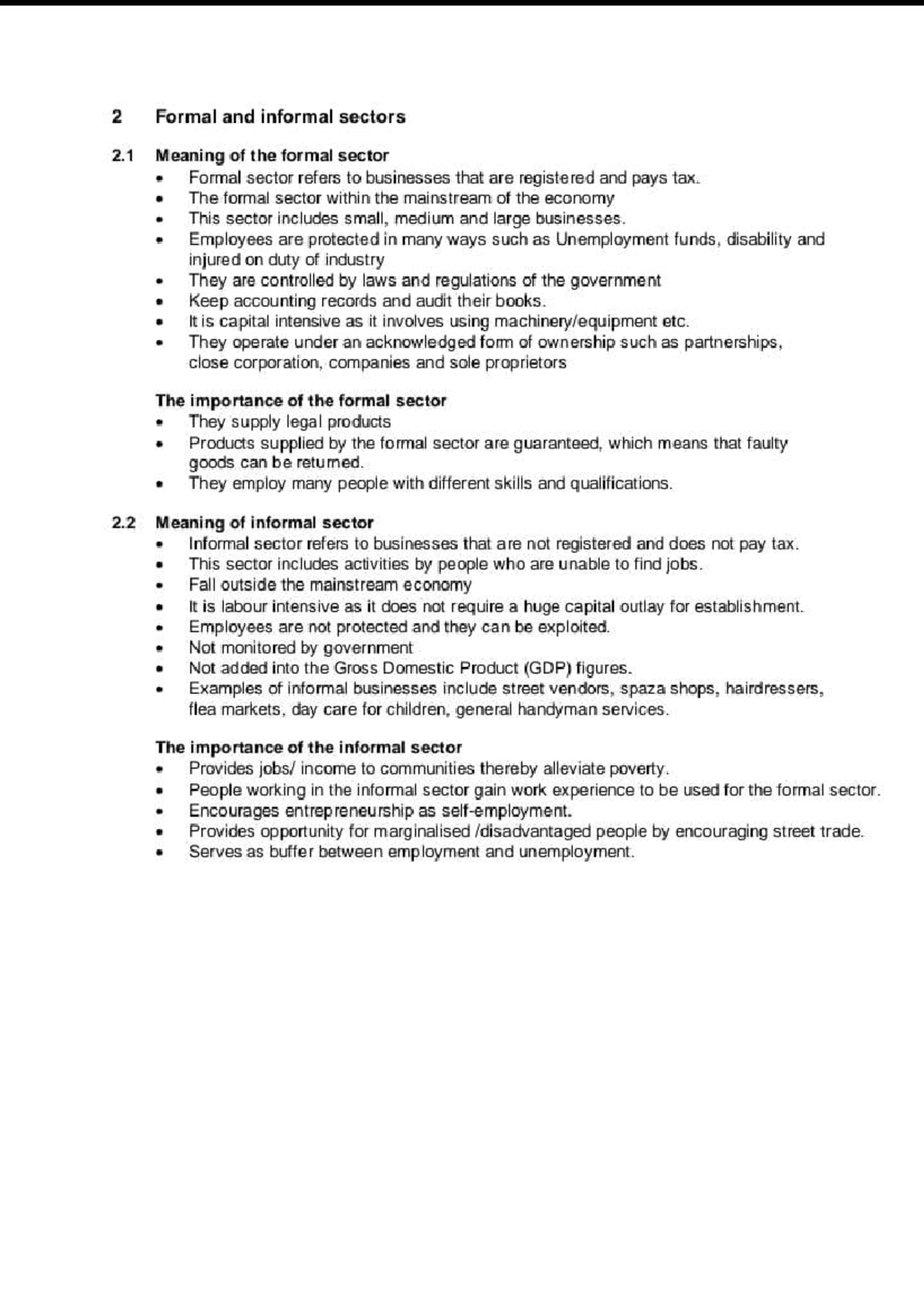 Business Studies Grade 10: Formal & Informal Sectors Overview - Studocu