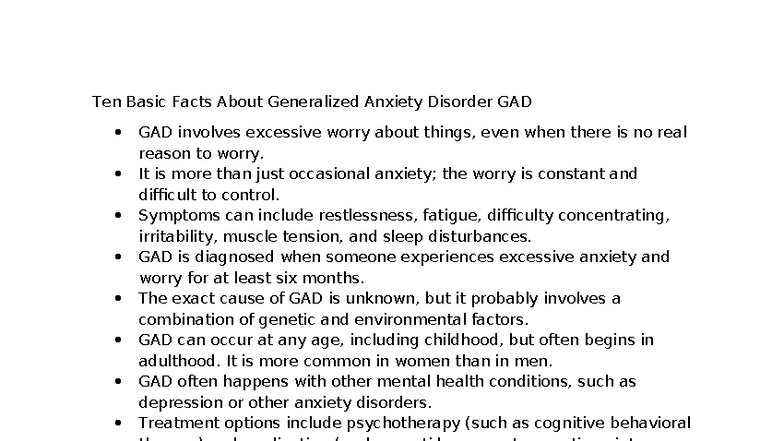 Ten Essential Facts on Generalized Anxiety Disorder (GAD) - Studocu