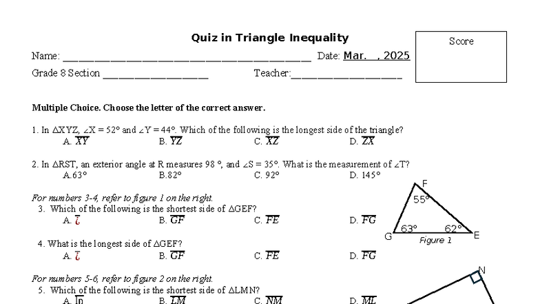 Q4 LQ1 - Grade 8 Triangle Inequality Quiz - Studocu