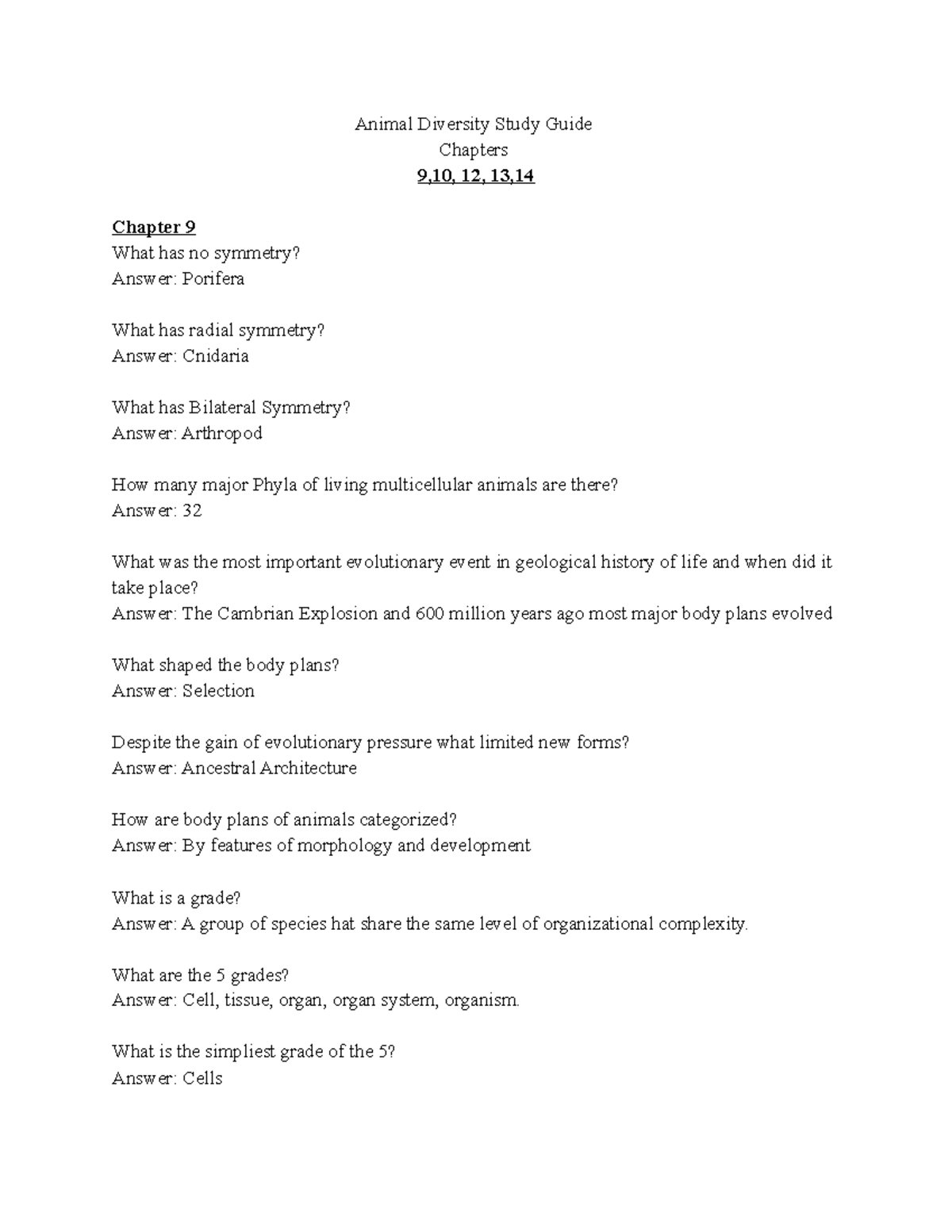 Animal Diversity Study Guide: 1st Exam (Chapters 9-14) - Studocu