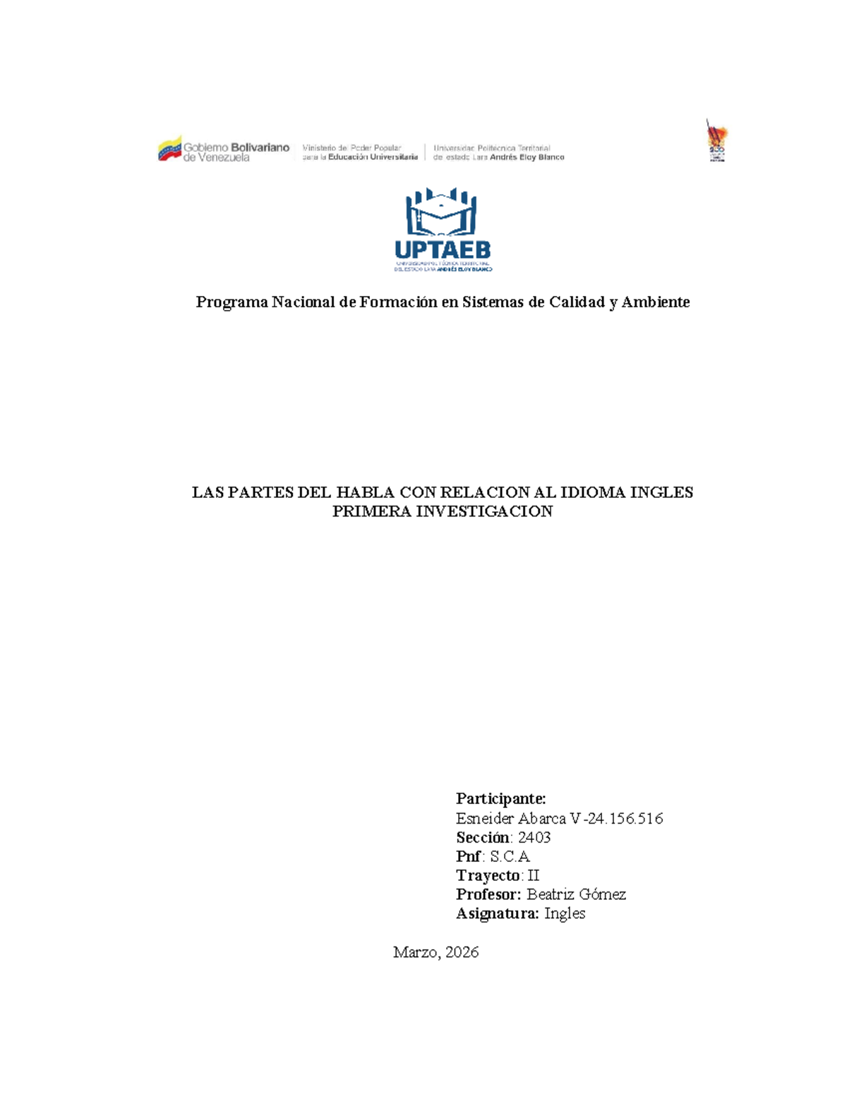 Investigación sobre las Partes del Habla en Inglés - PNF S.C.A II - Studocu