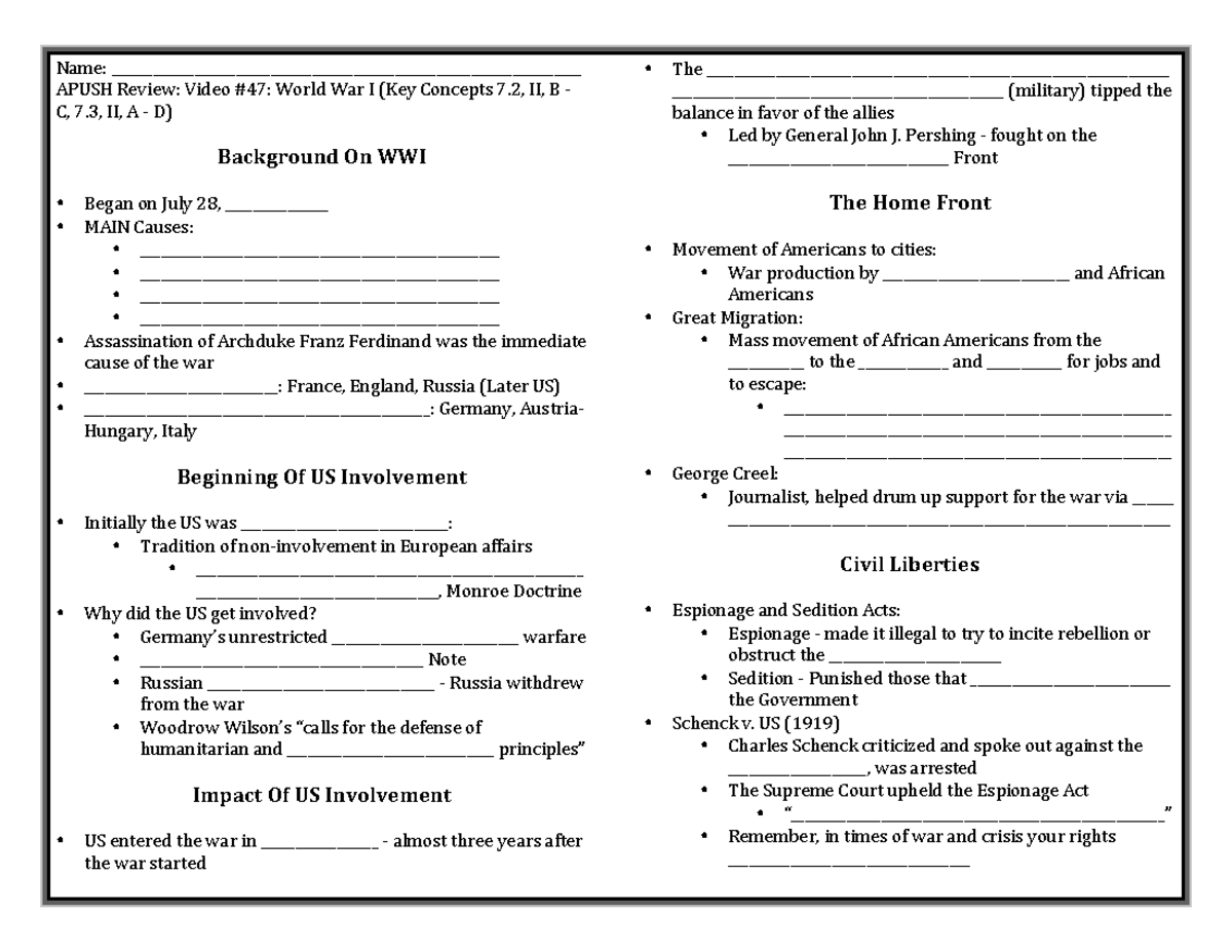 Apush Review- Video #47- World War I (Key Concepts 7.2, II, B - C, 7.3 ...