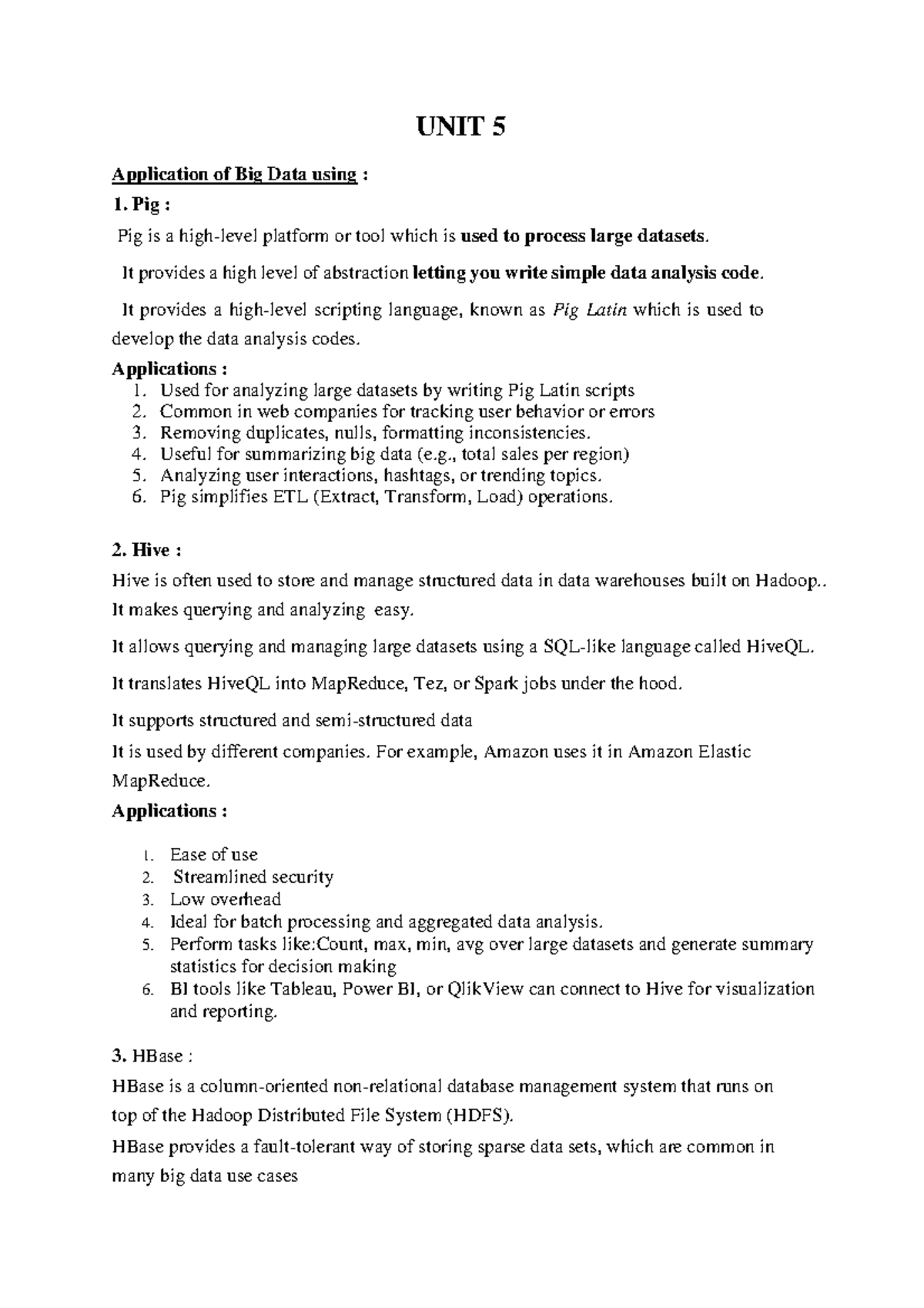 UNIT 5 Big Data Applications: Pig, Hive, and HBase Overview - Studocu