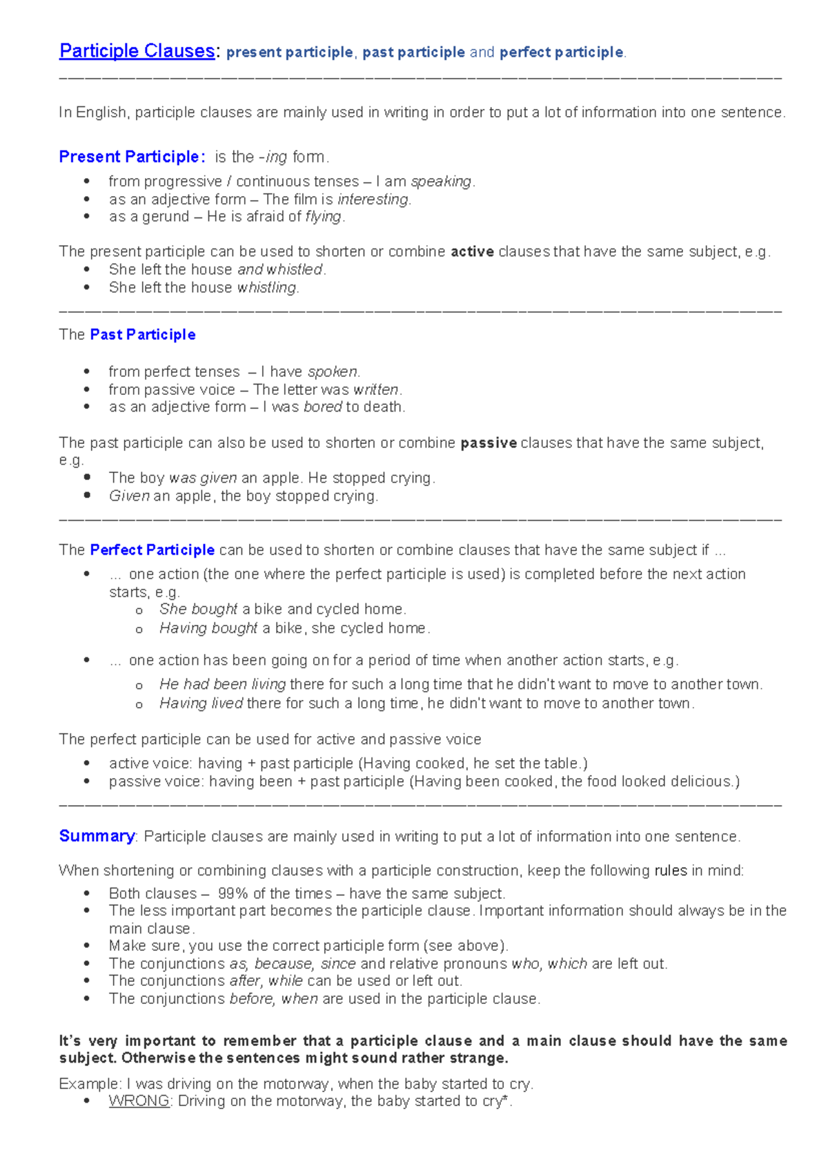 Participle Clauses: Explanation & Exercises Part 1 with Answers - Studocu