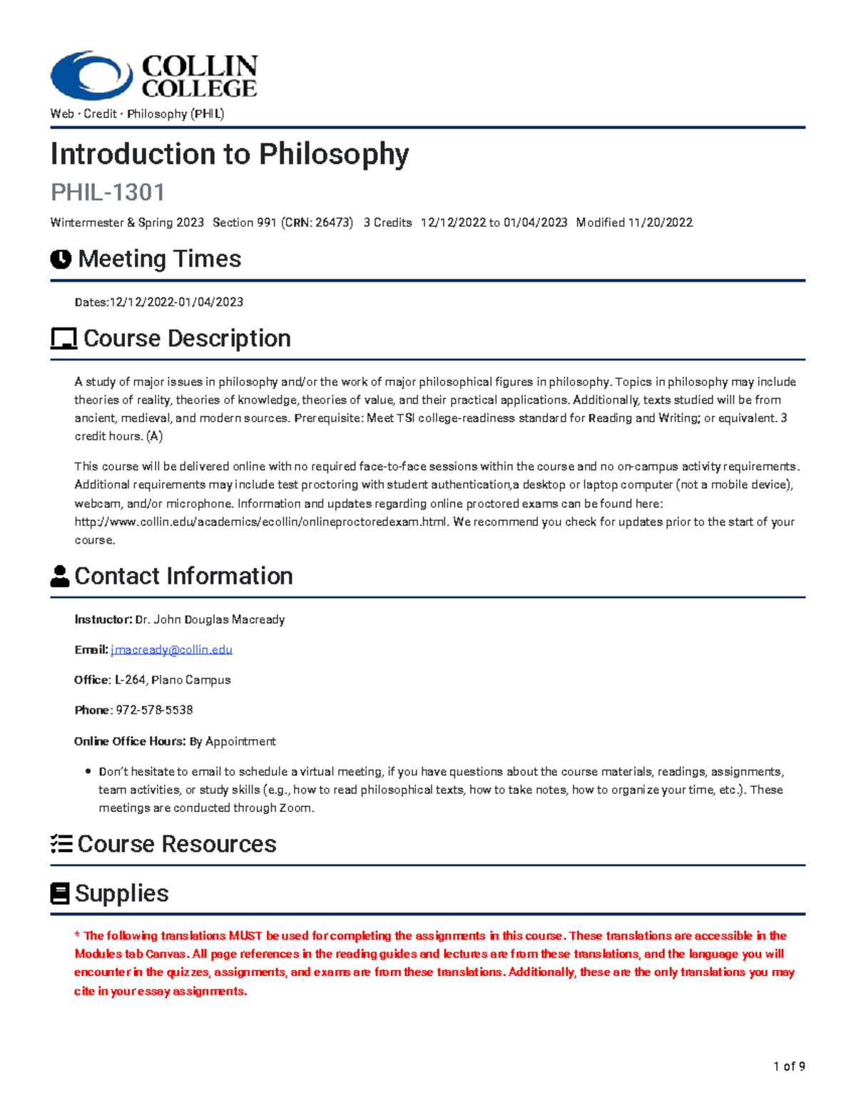 Introduction to Philosophy PHIL 1301 Wintermester Spring 2023 Overview ...