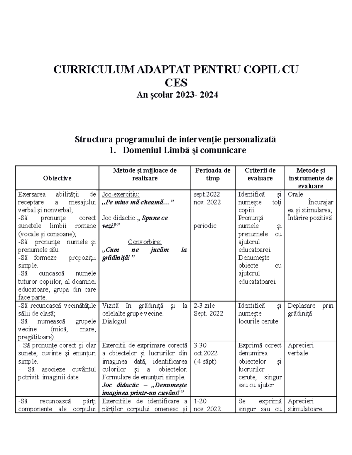 Curriculum Adaptat pentru Copil cu CES - An Școlar 2023-2024 - Studocu