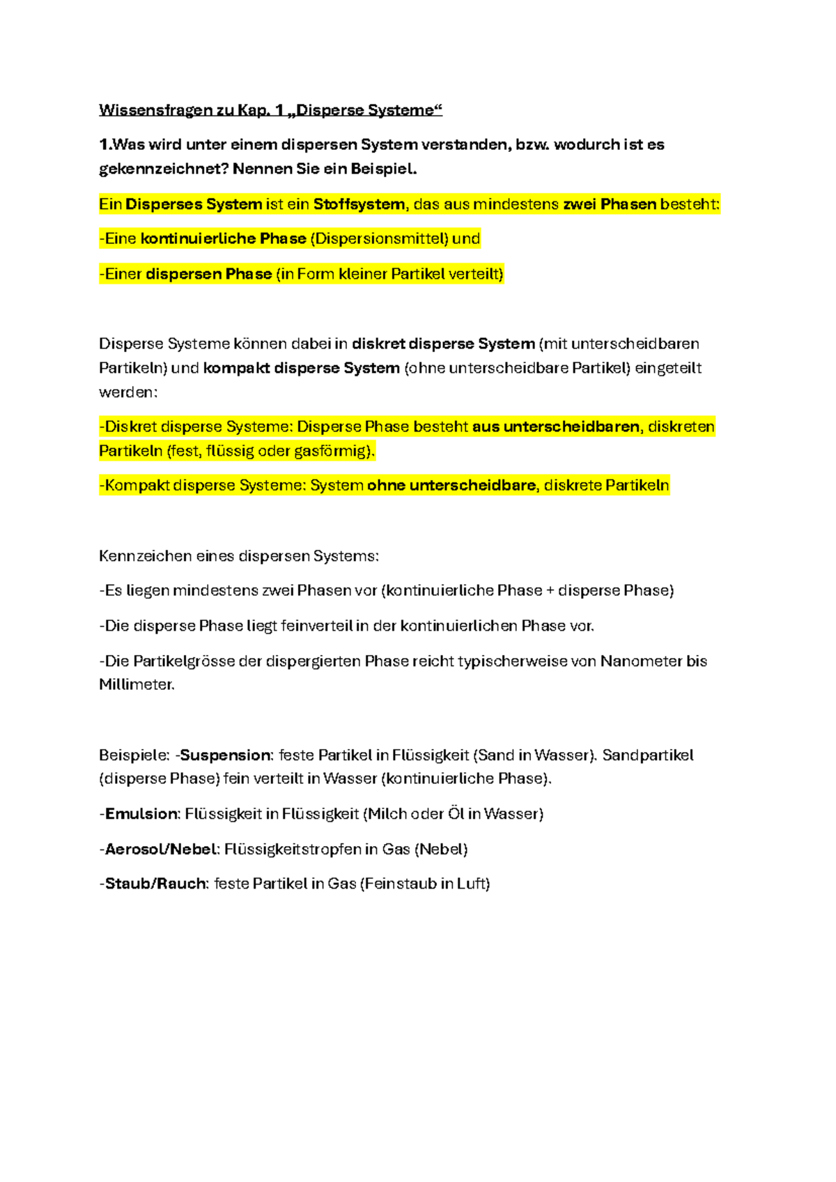 A1 Disperse Systeme: Wissensfragen zu Kapitel 1 - Studocu
