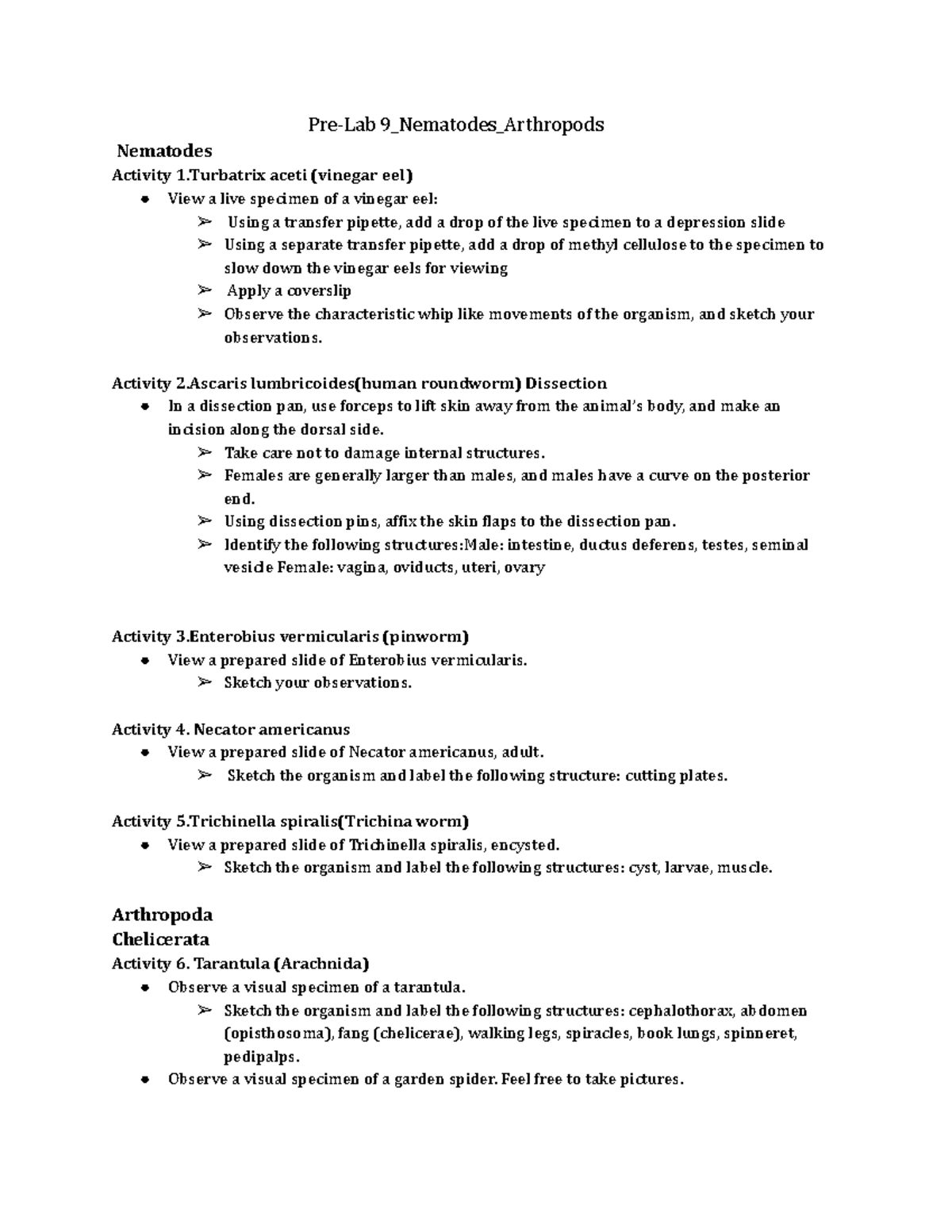 Pre-Lab 9: Nematodes and Arthropods Activities and Observations - Studocu