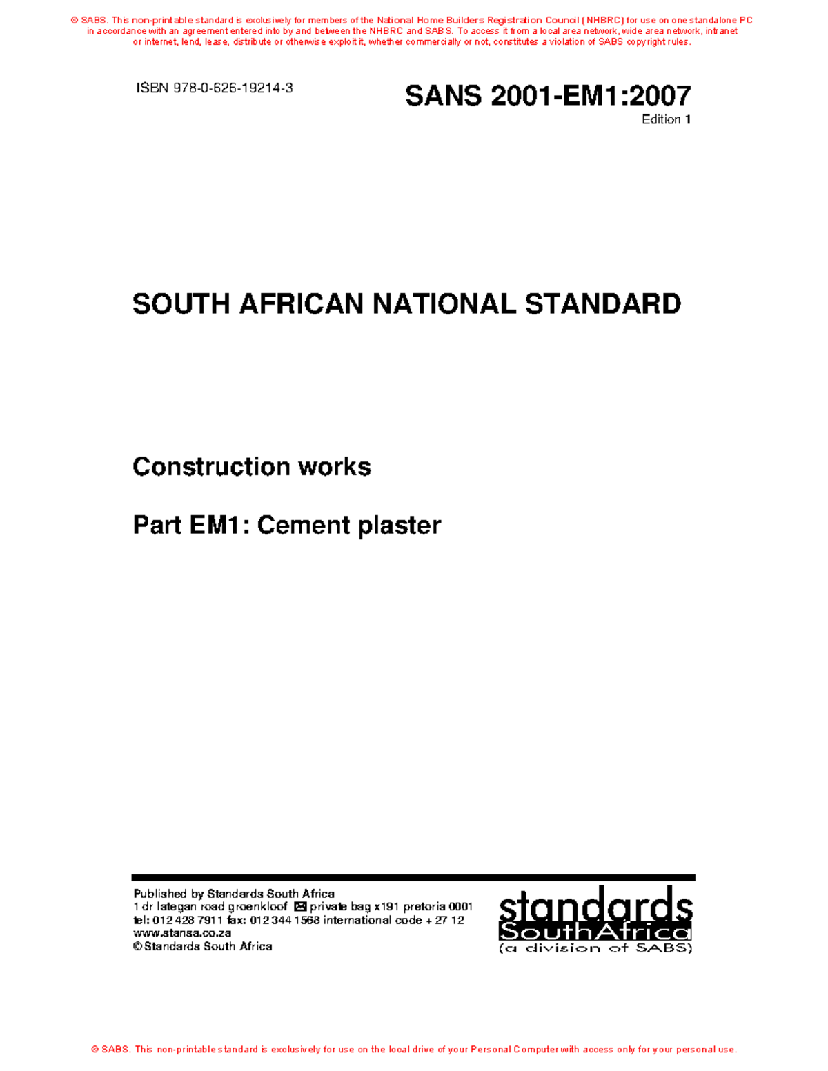 SANS 2001 Part EM1: Cement Plaster Standards Overview - Studocu