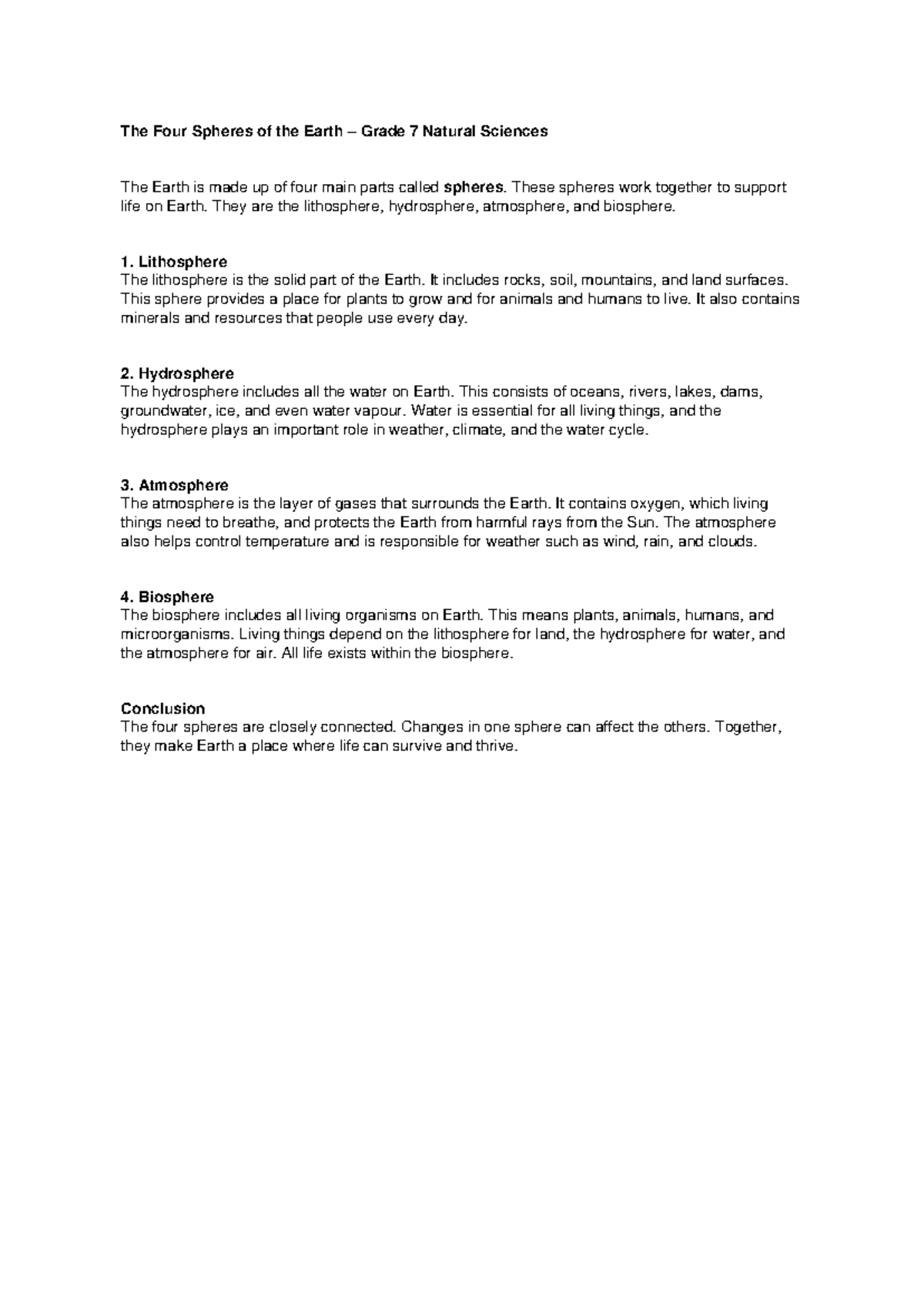 Grade 7 Natural Sciences: The Four Spheres of the Earth - Studocu