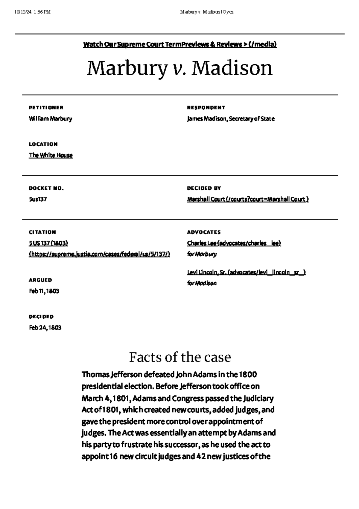 Marbury v. Madison Case Study (LAW 101) - Supreme Court Analysis - Studocu