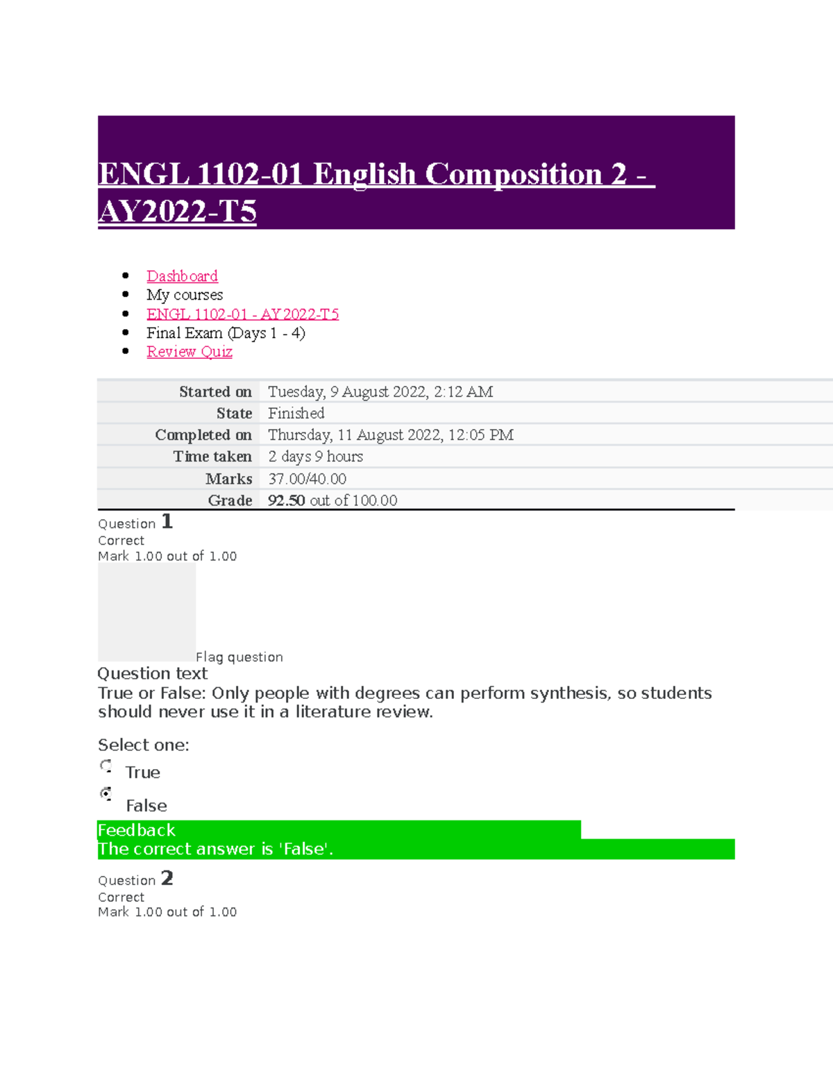 ENGL 1102 Review Quiz - Unit 9 Highlights and Key Learnings - Studocu