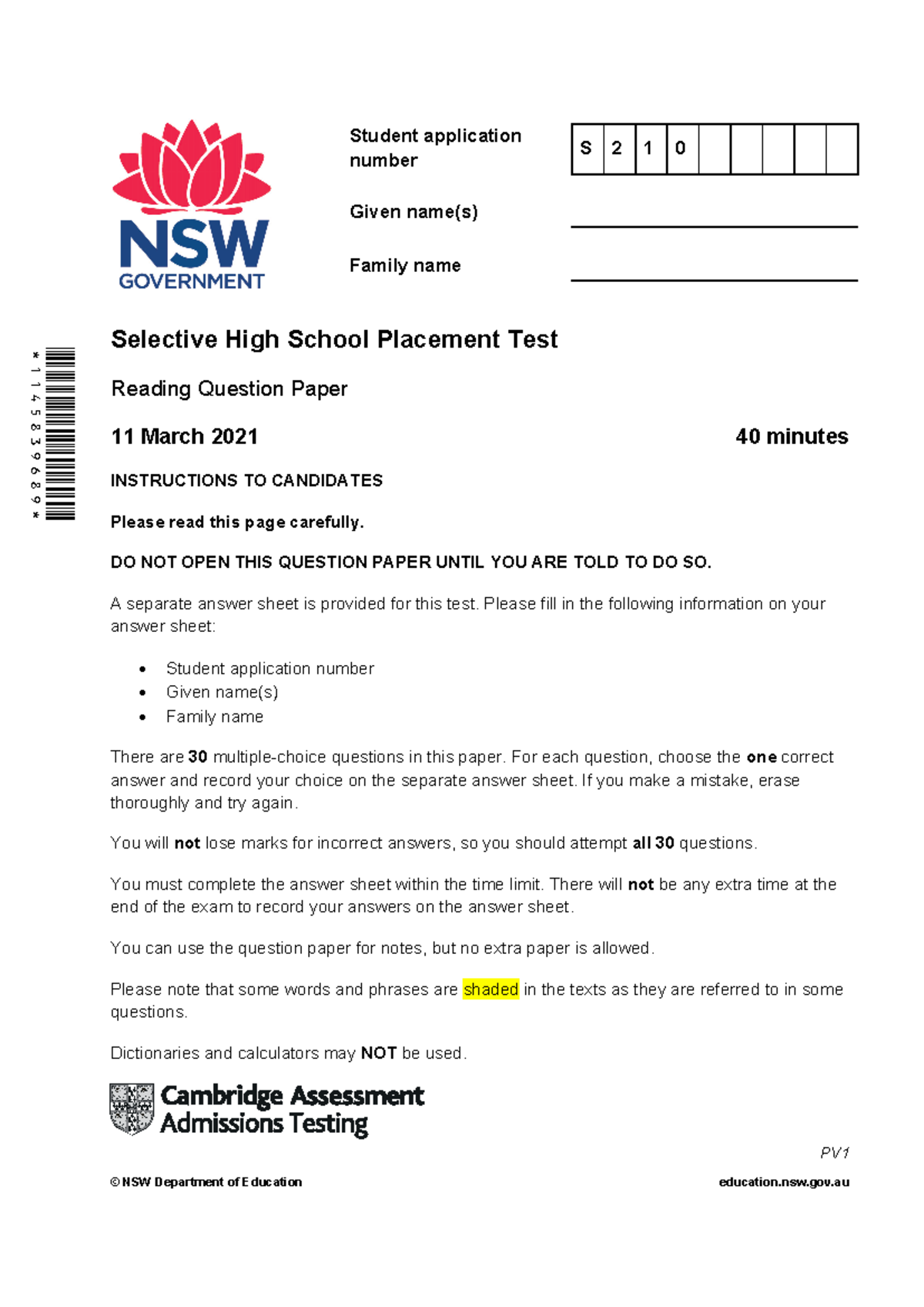 Selective High School Placement Test: Reading Practice Questions - Studocu
