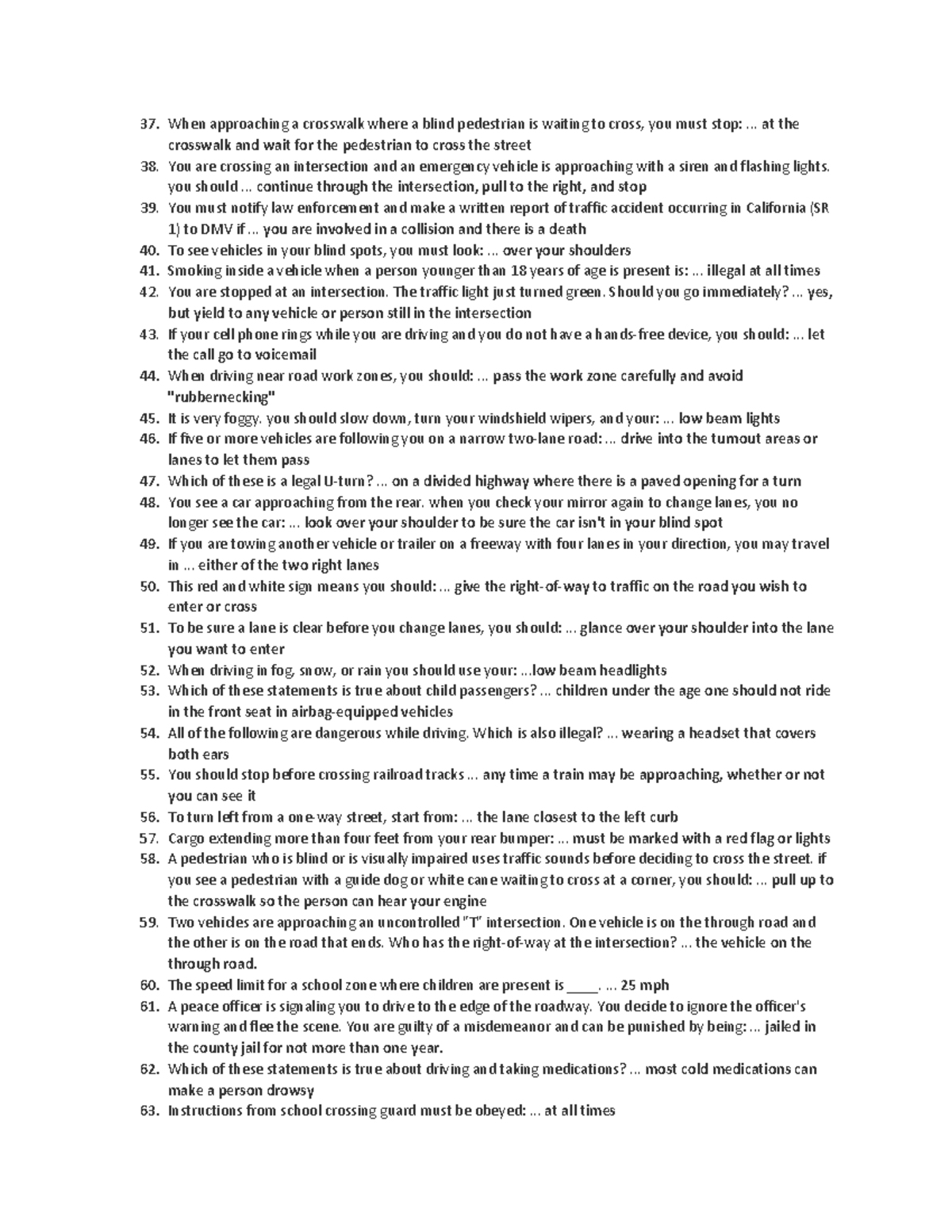 DMV Permit Test Cheat Sheet (Pg 2) - Key Traffic Rules & Safety - Studocu