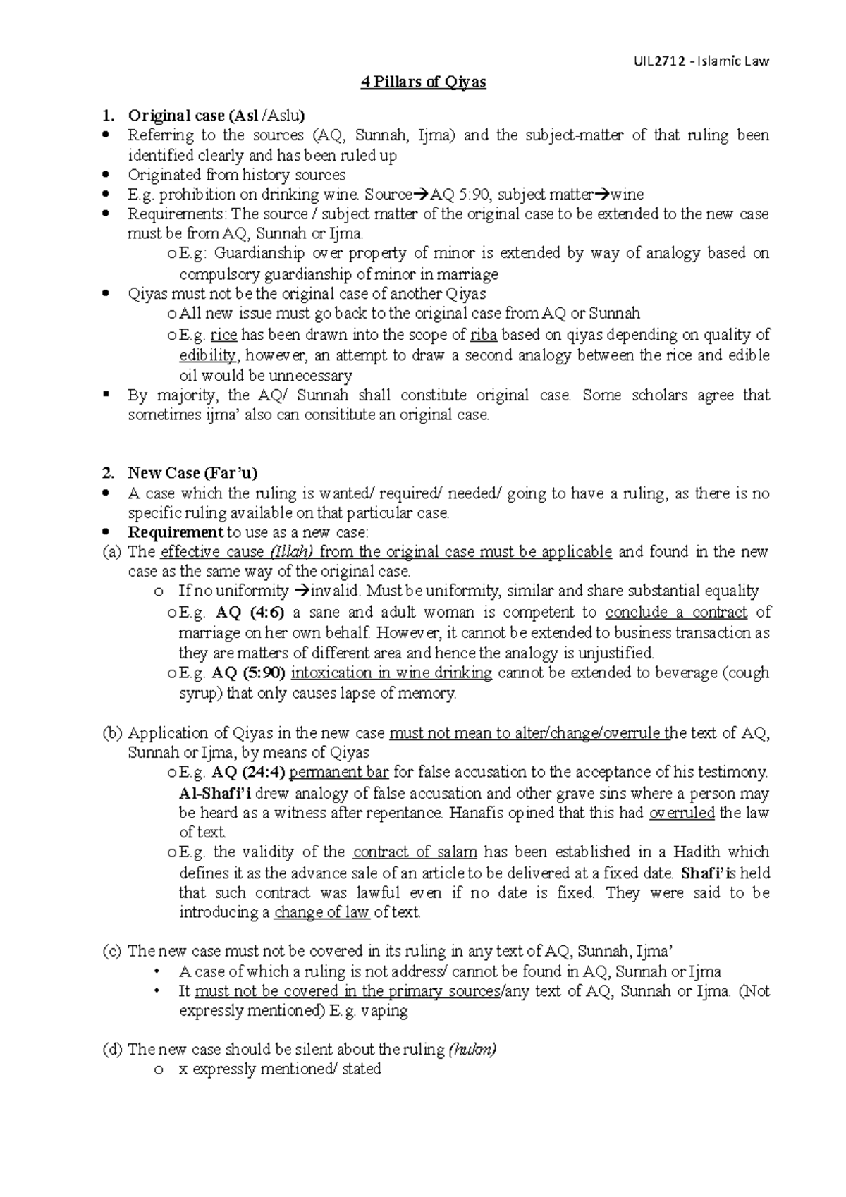 4 Pillars of Qiyas - UIL2712 - Islamic Law 4 Pillars of Qiyas Original ...