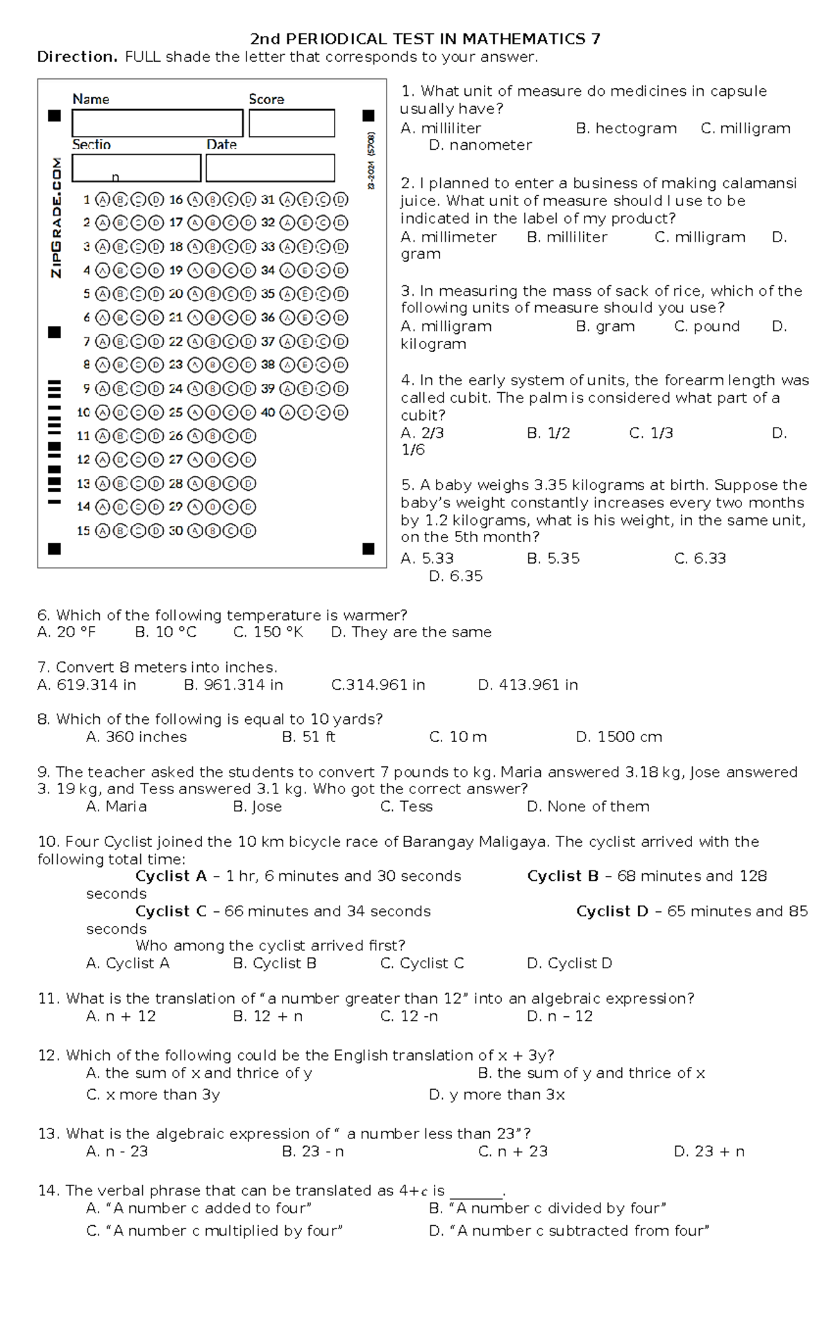 2nd Periodical test-quarter 2 Math 7-2023-2024 - 2nd PERIODICAL TEST IN ...