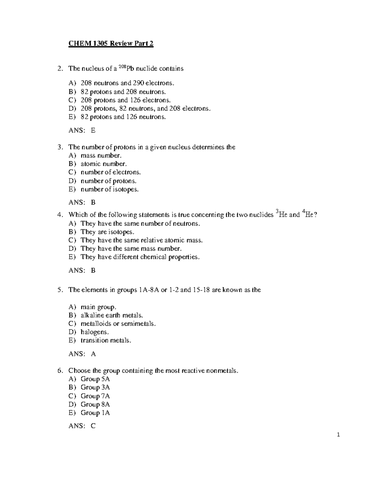 CHEM 1305 Review Part 2 - Practice Questions - Studocu