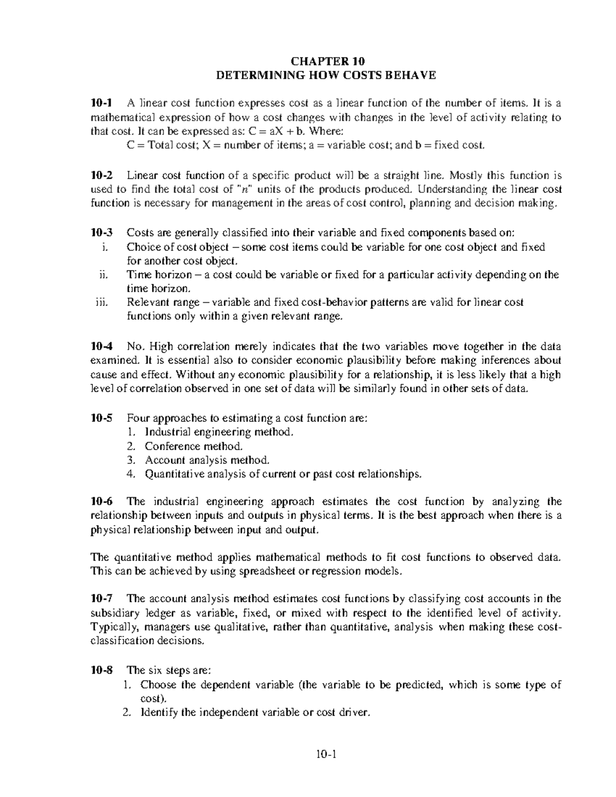 Cost17EChapter 10 Solutions - CHAPTER 10 DETERMINING HOW COSTS BEHAVE ...