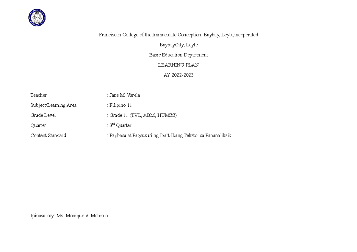 Grade 11 Filipino Lesson Plan: Tekstong Impormatibo Overview - Studocu