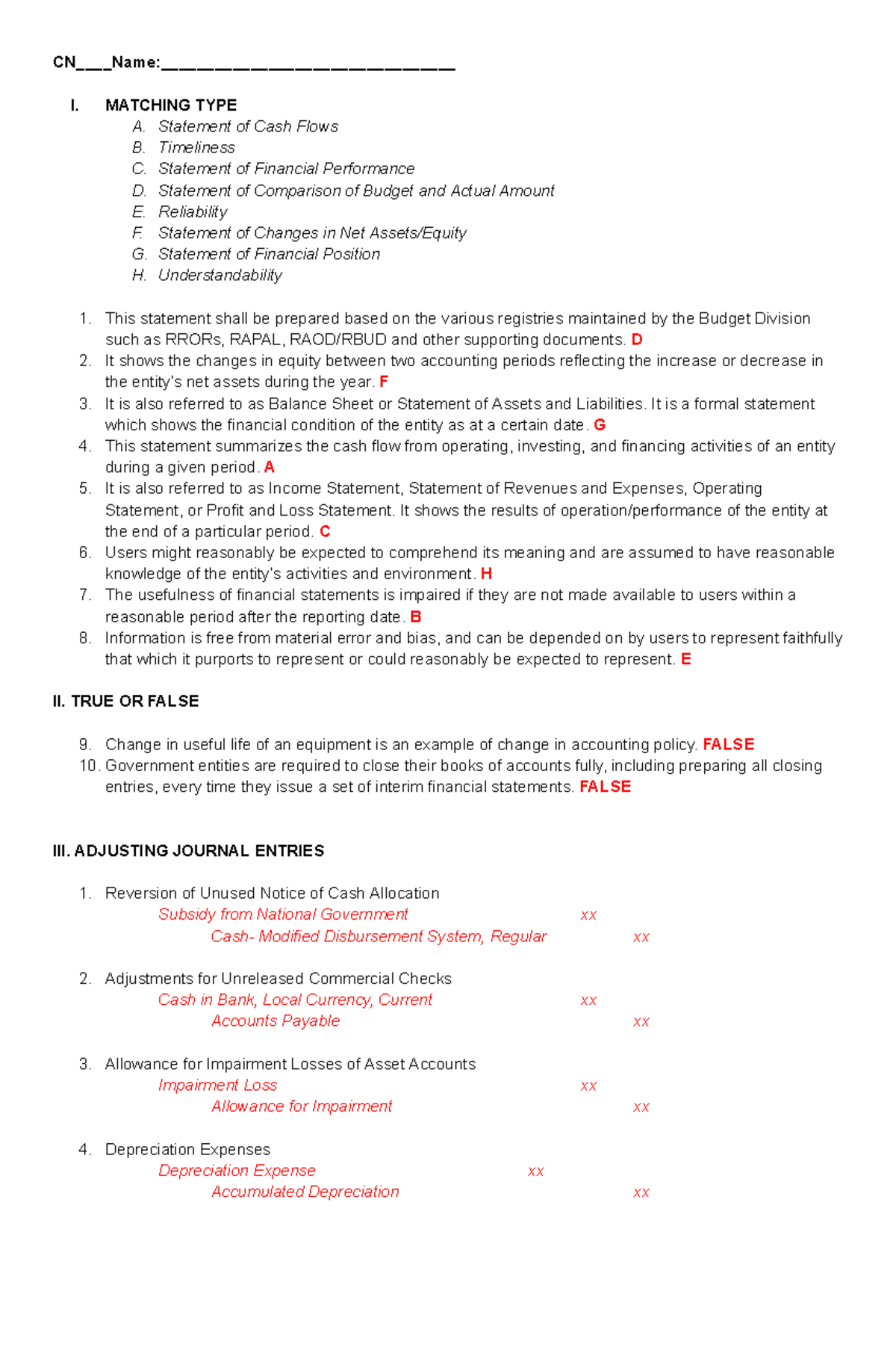 Chapter 7 Quiz - Answer Key on Financial Statements and Cash Flows ...