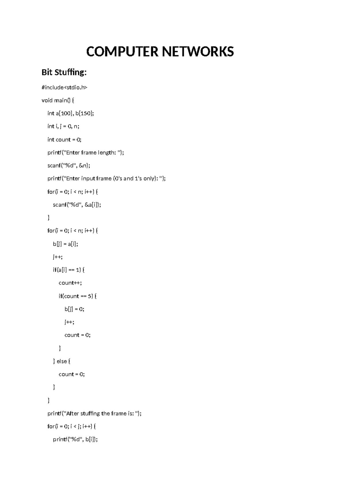 SECN - Computer Networks: Bit Stuffing and Sliding Window Protocols ...