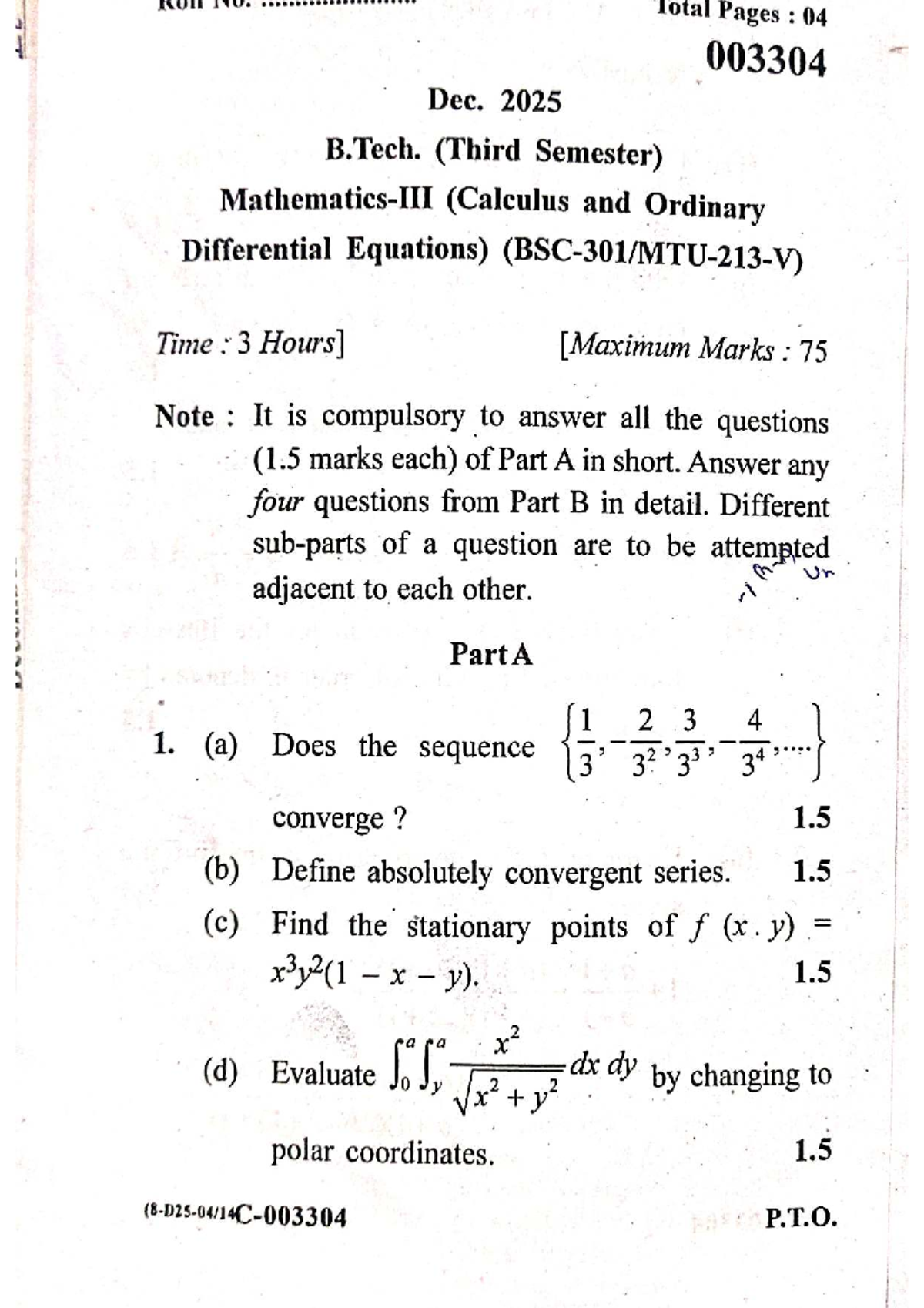 Math 2025 B.Tech 3rd Sem: Calculus & ODE Exam Paper - Studocu