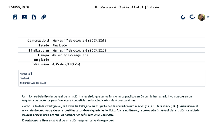 U1 Cuestionario Revisión del intento Distancia u1 - Comenzado el ...