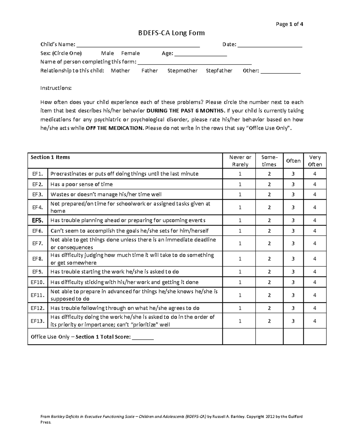 BDEF10 Child Form - Psych Assessment Handout - Studocu