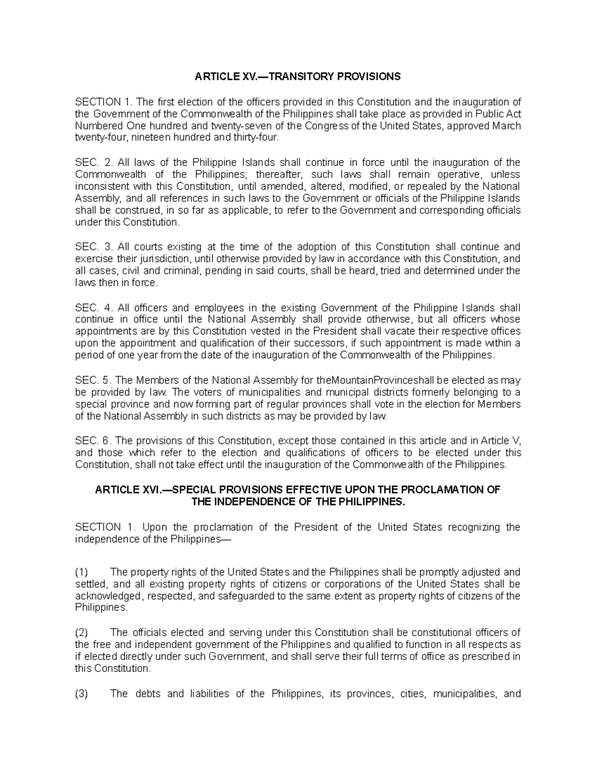 Transitory Provisions - ARTICLE XV.—TRANSITORY PROVISIONS SECTION 1 ...