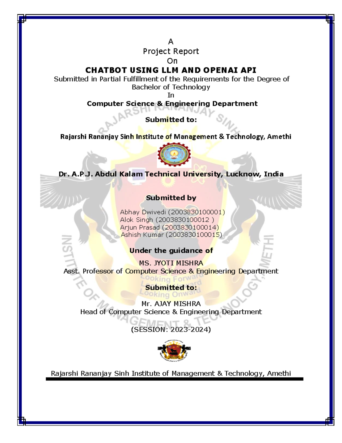 B.Tech Project Report: Chatbot Using LLM & OpenAI API (CSE Final Year ...