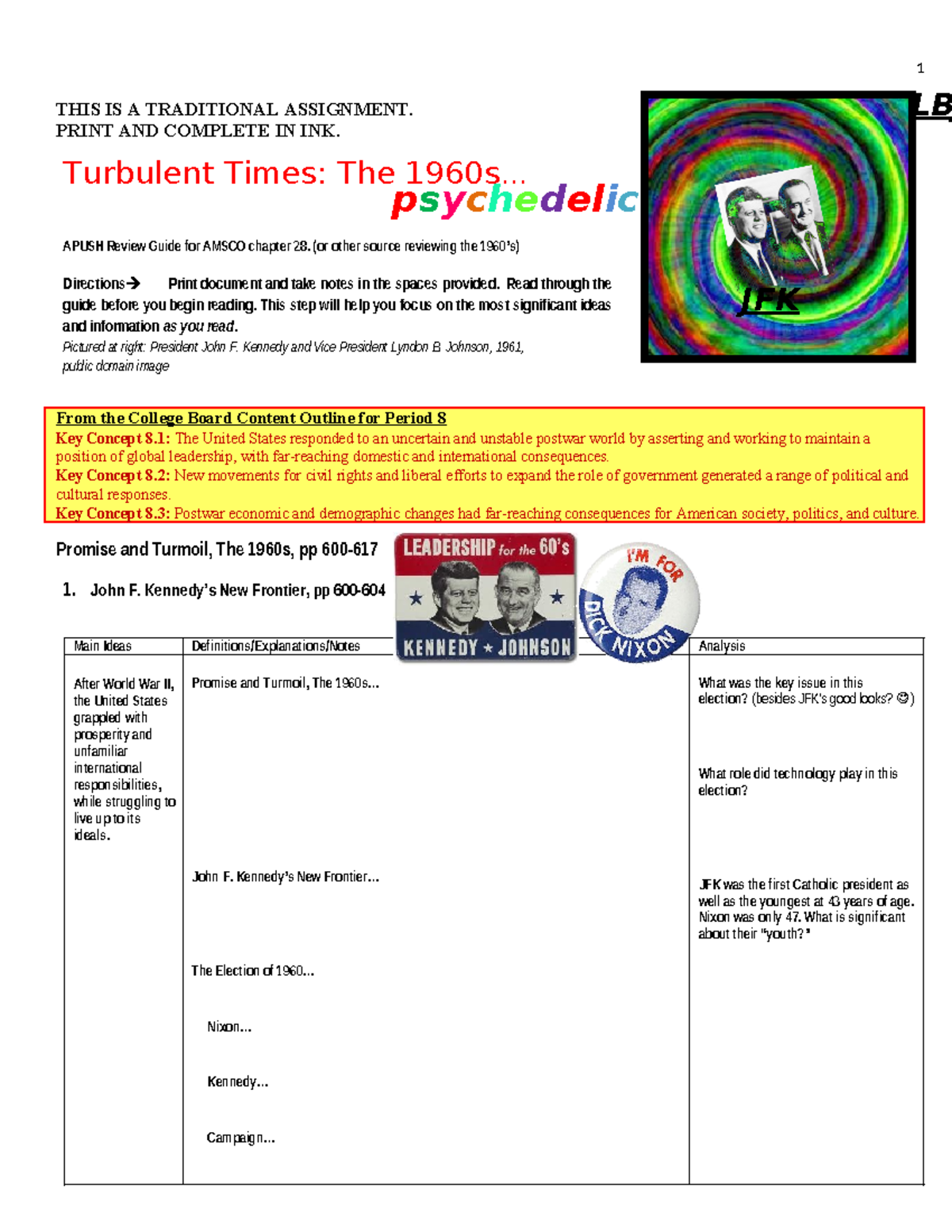 APUSH Review Guide: AMSCO Chapter 28 - Turbulent Times of the 1960s ...