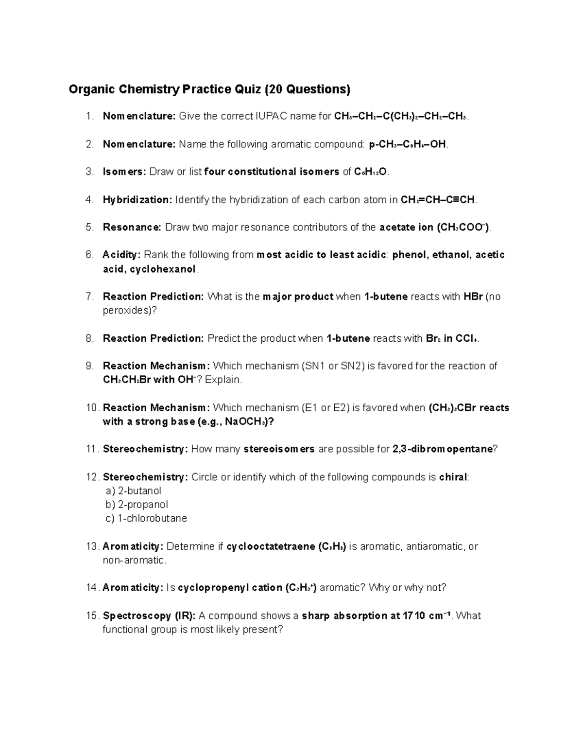 Ch 3 Organic Chemistry Practice Quiz: Nomenclature & Isomers - Studocu