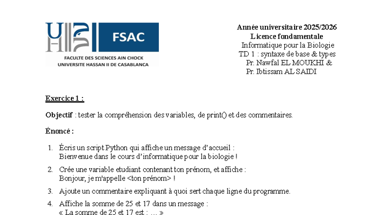 TD1 Informatique pour la Biologie 2026 : Syntaxe de Base et Variables ...