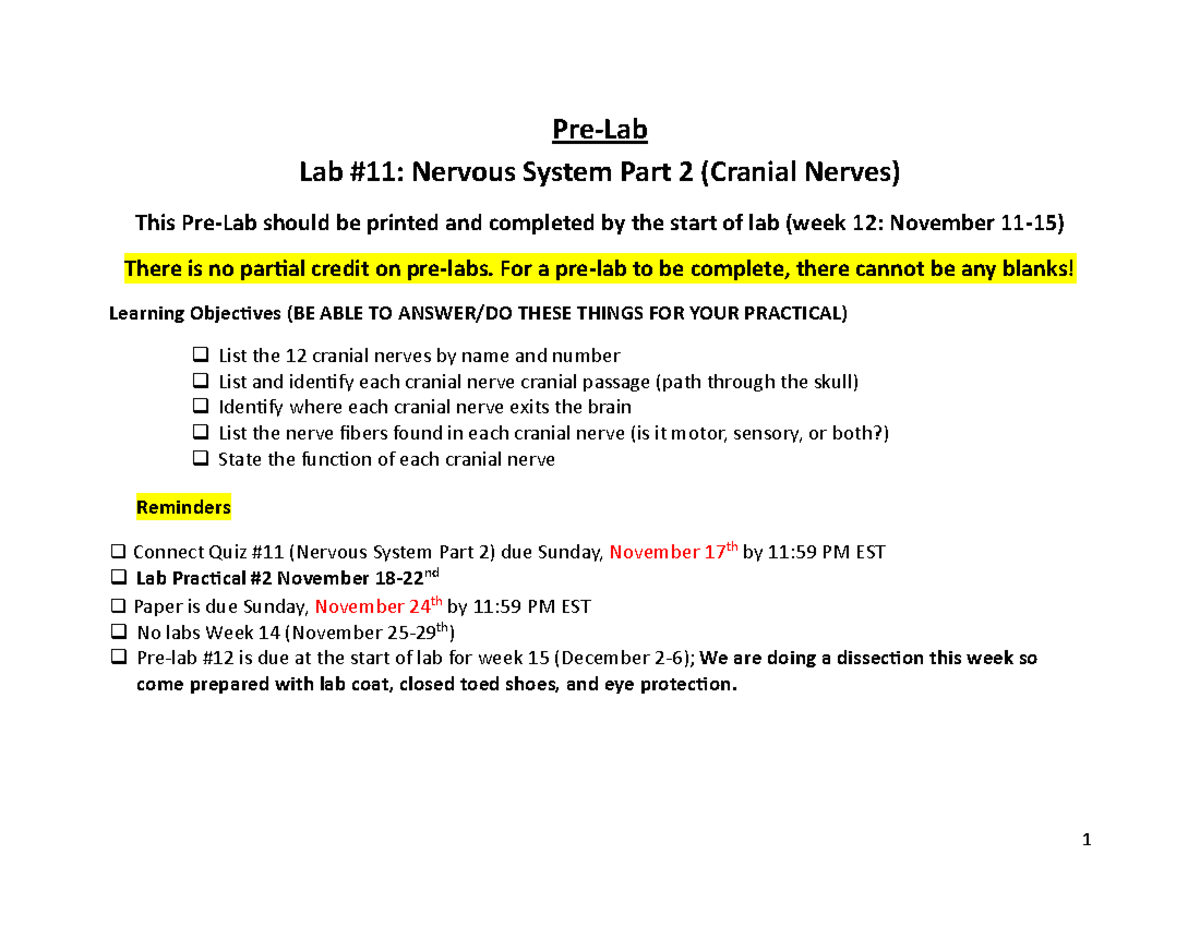 Pre-lab 11 Nervous System Part 2 Cranial Nerves - Pre-Lab Lab # 11 : Nervous System Part 2 ...