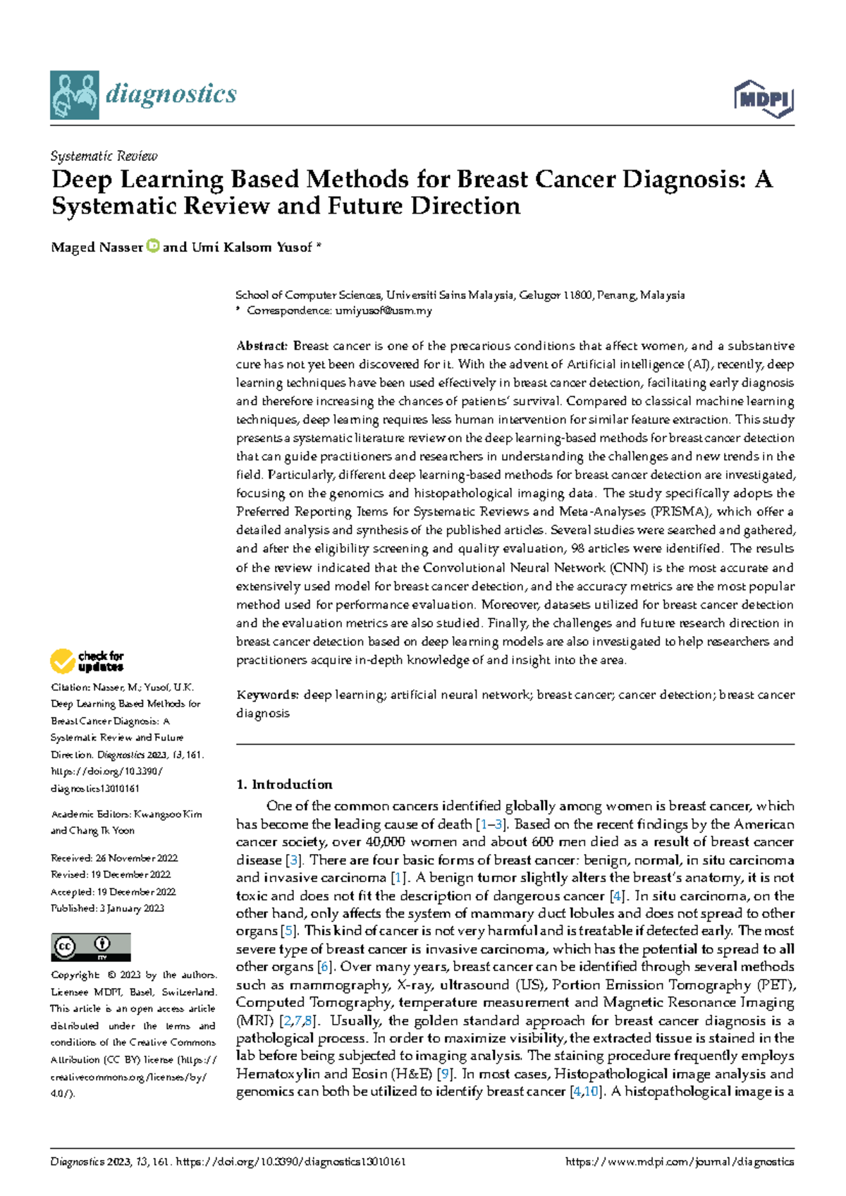 Deep Learning Techniques for Breast Cancer Diagnosis: A Systematic ...