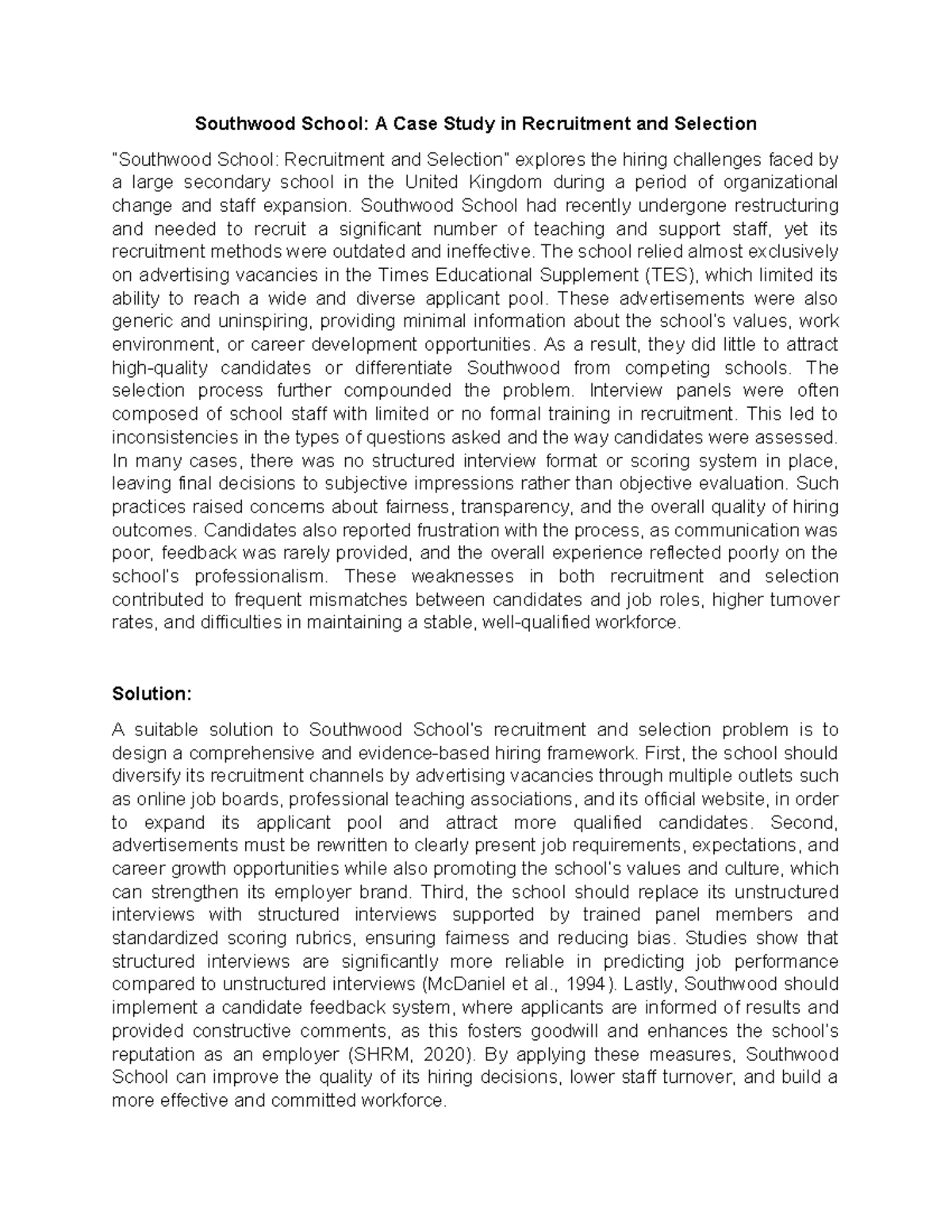Southwood School: Recruitment & Selection Case Study Analysis - Studocu
